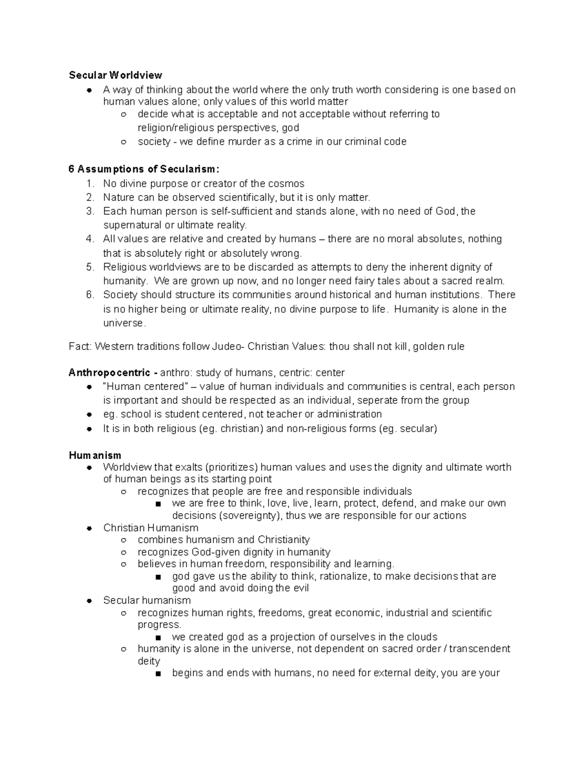 Secular Worldview Notes - Secular Worldview A way of thinking about the ...