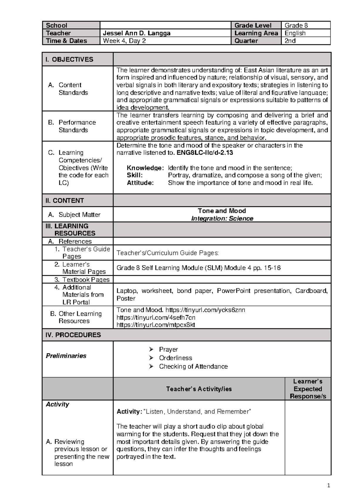 LP Tone and Mood - School Grade Level Grade 8 Teacher Jessel Ann D ...