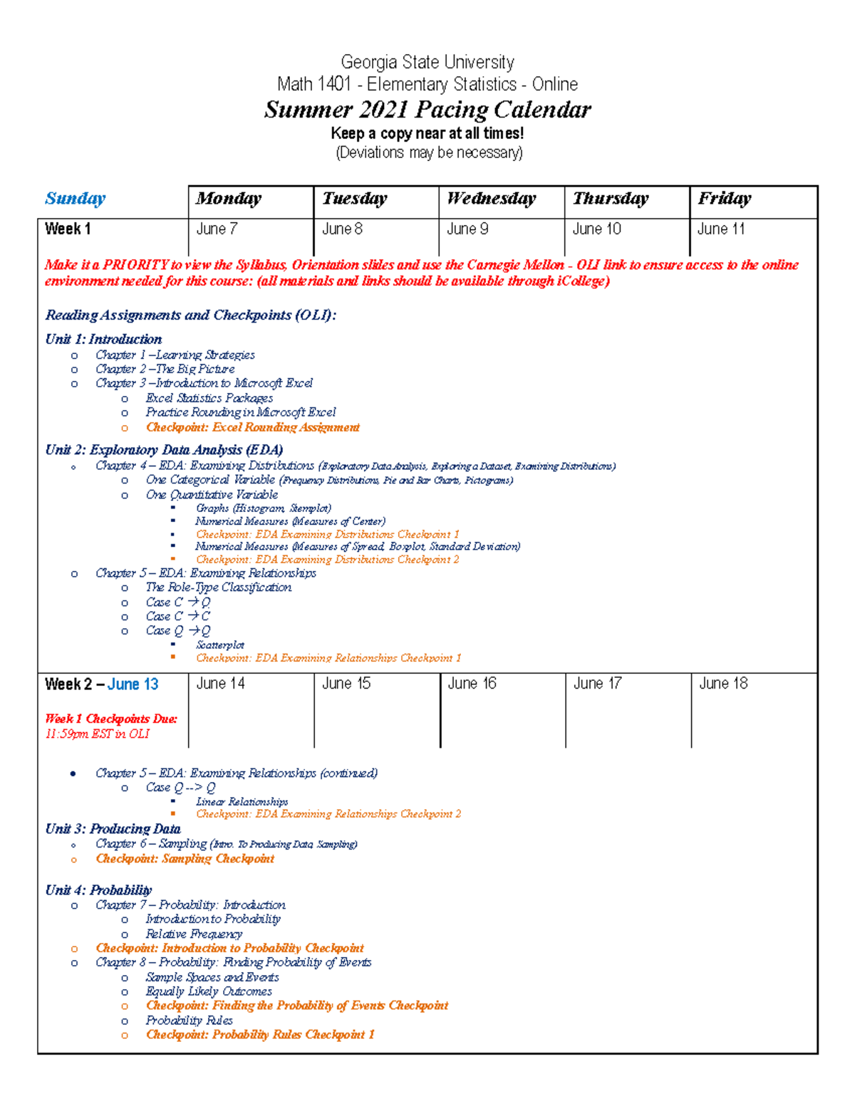 Pacing Calendar Math1401 su21 - Georgia State University Math 1401 ...