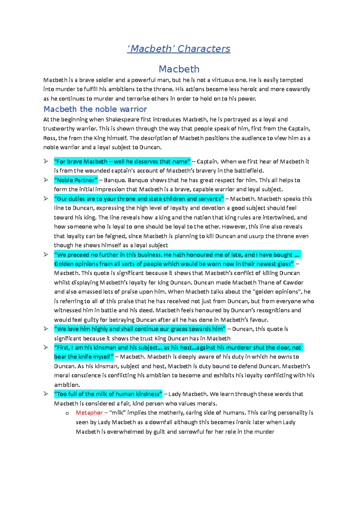 Macbeth External Exam 2 - ‘Macbeth’ Characters Macbeth Macbeth is a ...