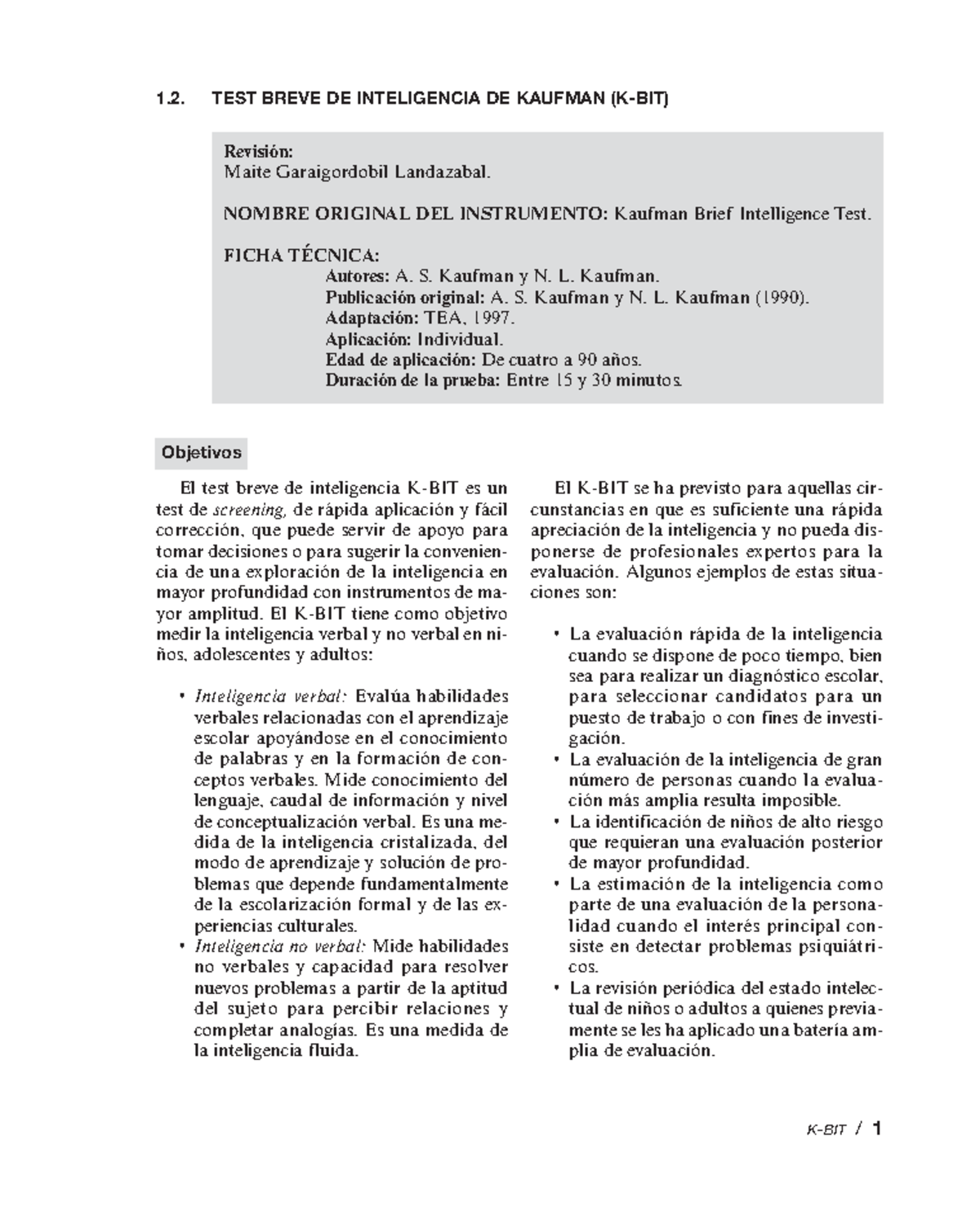 Seccion 1 2 - INTERPRETACION - K-BIT / 1 TesT breve de inTeligencia de ...