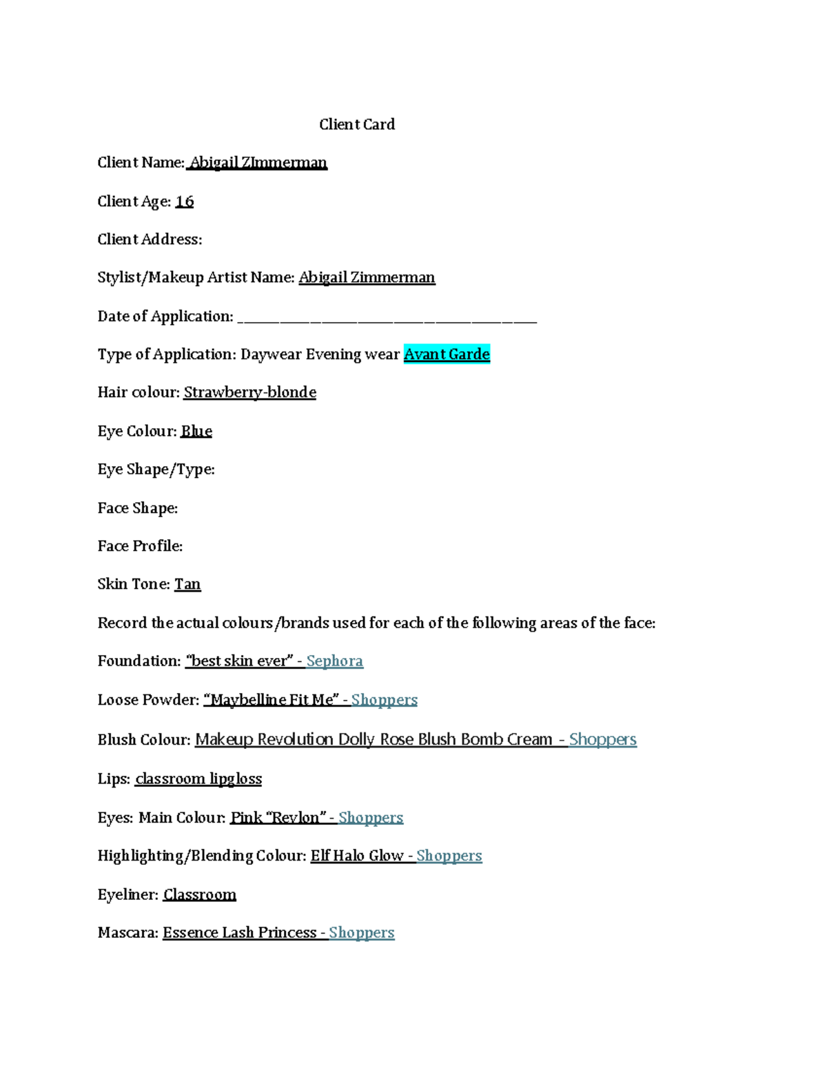 Client card (filled out) - Client Card Client Name: Abigail ZImmerman ...