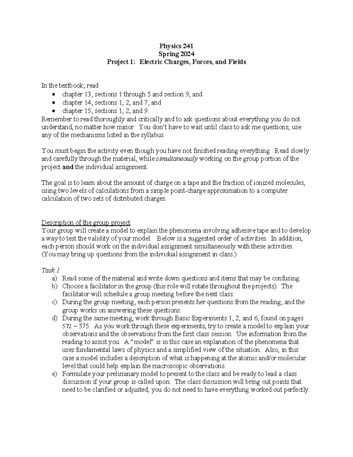 Project 1 model tape S24 - Physics 241 Spring 2024 Project 1: Electric ...
