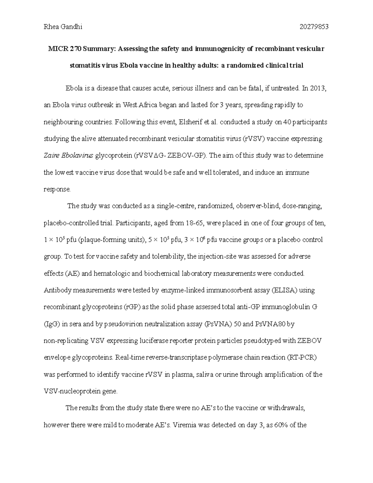 MICR 270 - Summary - Rhea Gandhi 20279853 MICR 270 Summary: Assessing ...