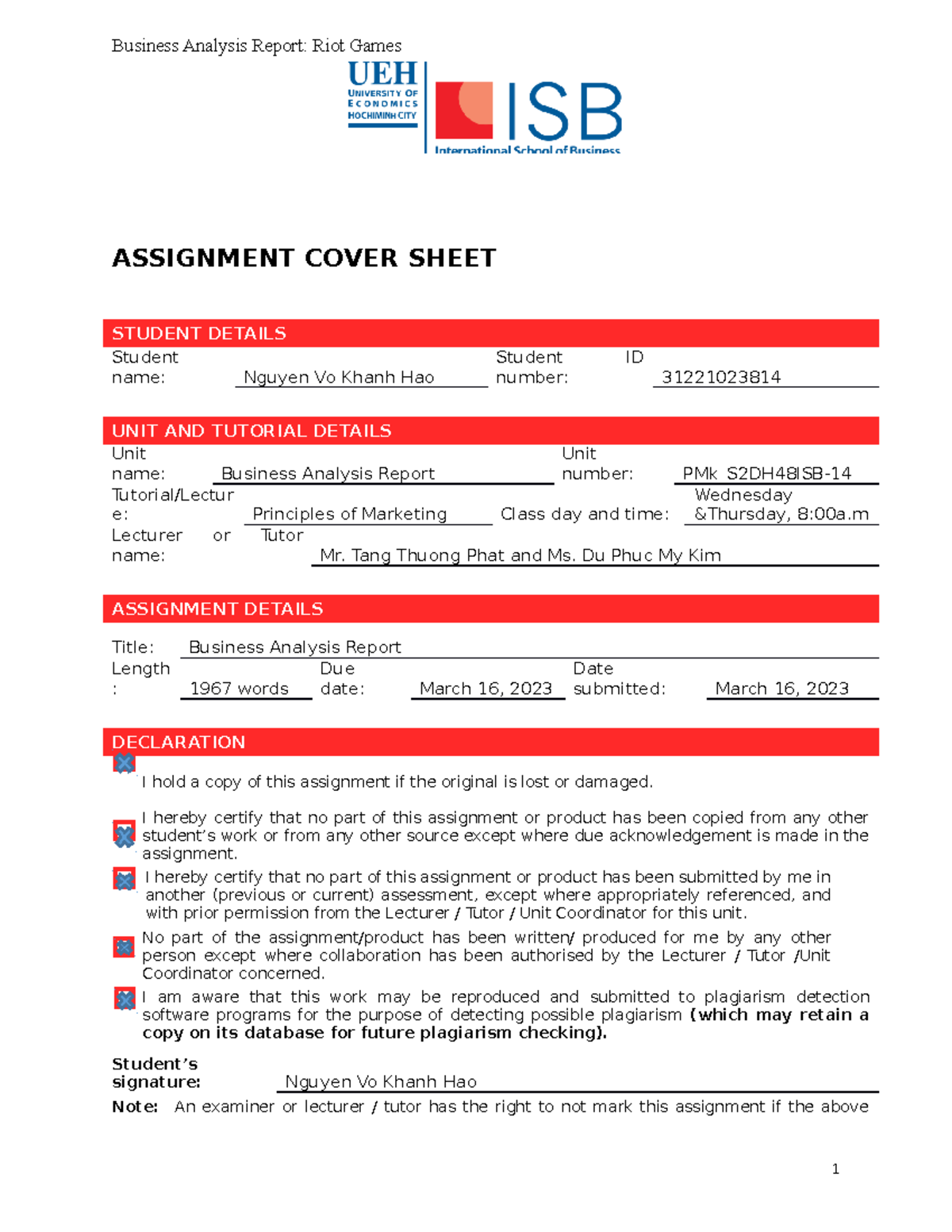 Business analysis report - Riot Games - ASSIGNMENT COVER SHEET STUDENT ...