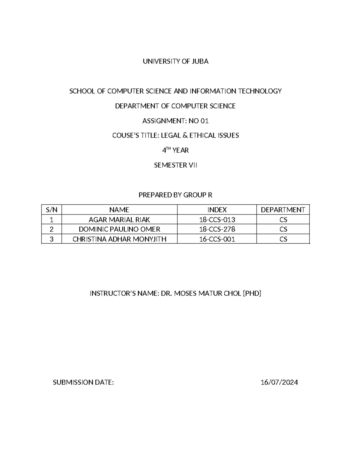 Assignment Legal - UNIVERSITY OF JUBA SCHOOL OF COMPUTER SCIENCE AND ...