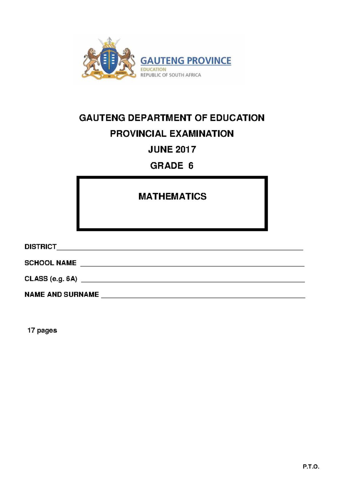 Gr 6 Mathematics (English) June 2017 Question Paper - GAUTENG ...
