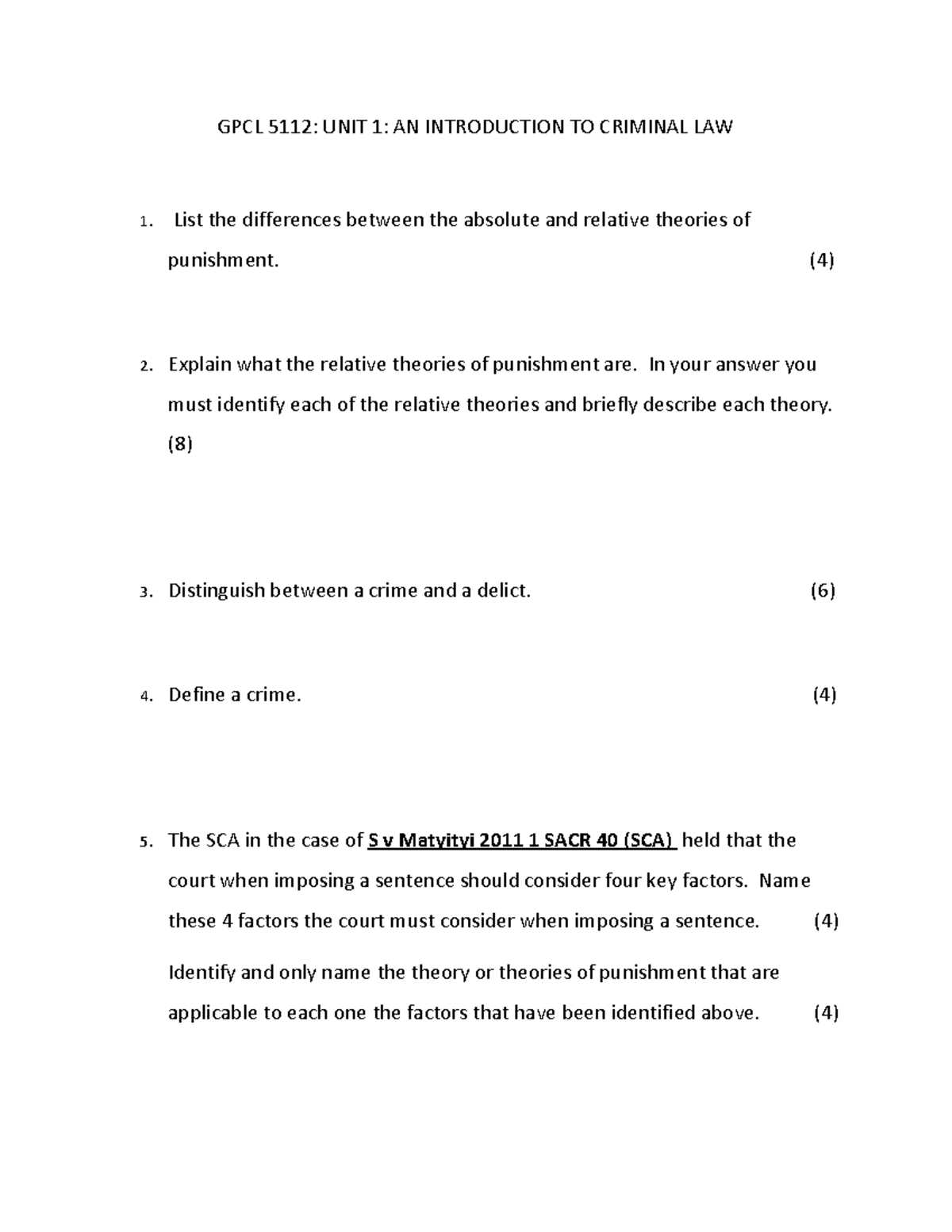 GPCL 5112 - learning outcome 1 to 3 questions - GPCL 5112: UNIT 1: AN ...