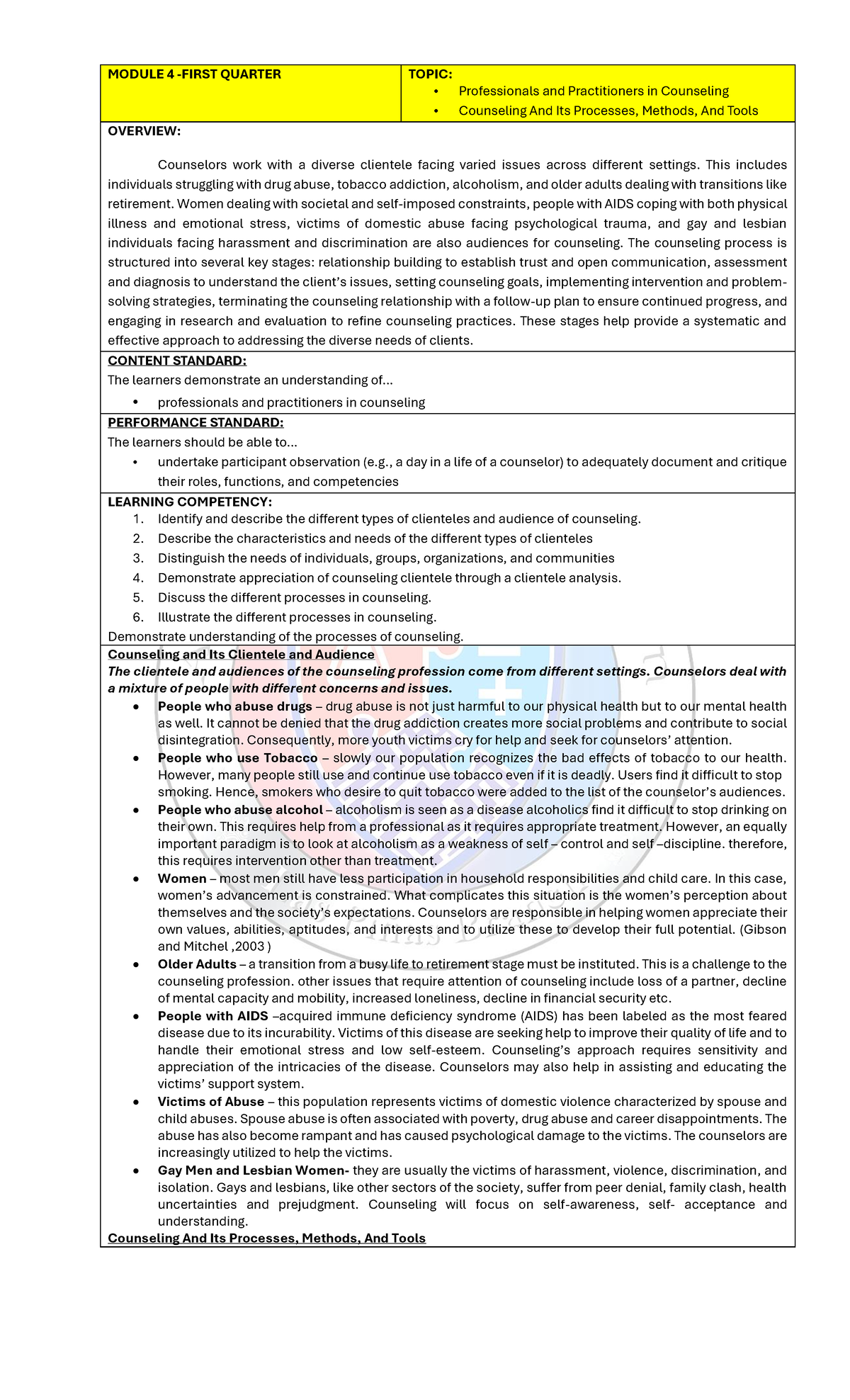 Q1 Module 4 - MODULE 4 - FIRST QUARTER TOPIC: Professionals and ...
