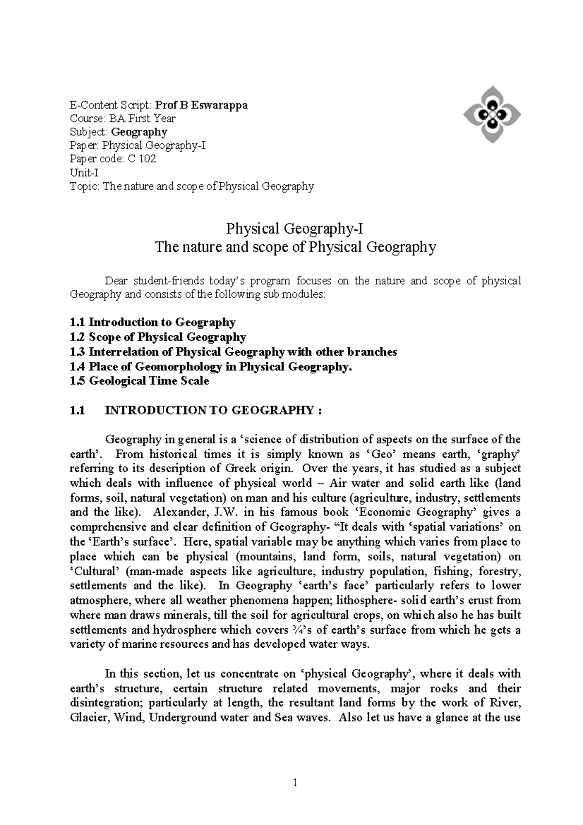 The nature and scope of Physical Geography - 1 Geological Time Scale 1 ...