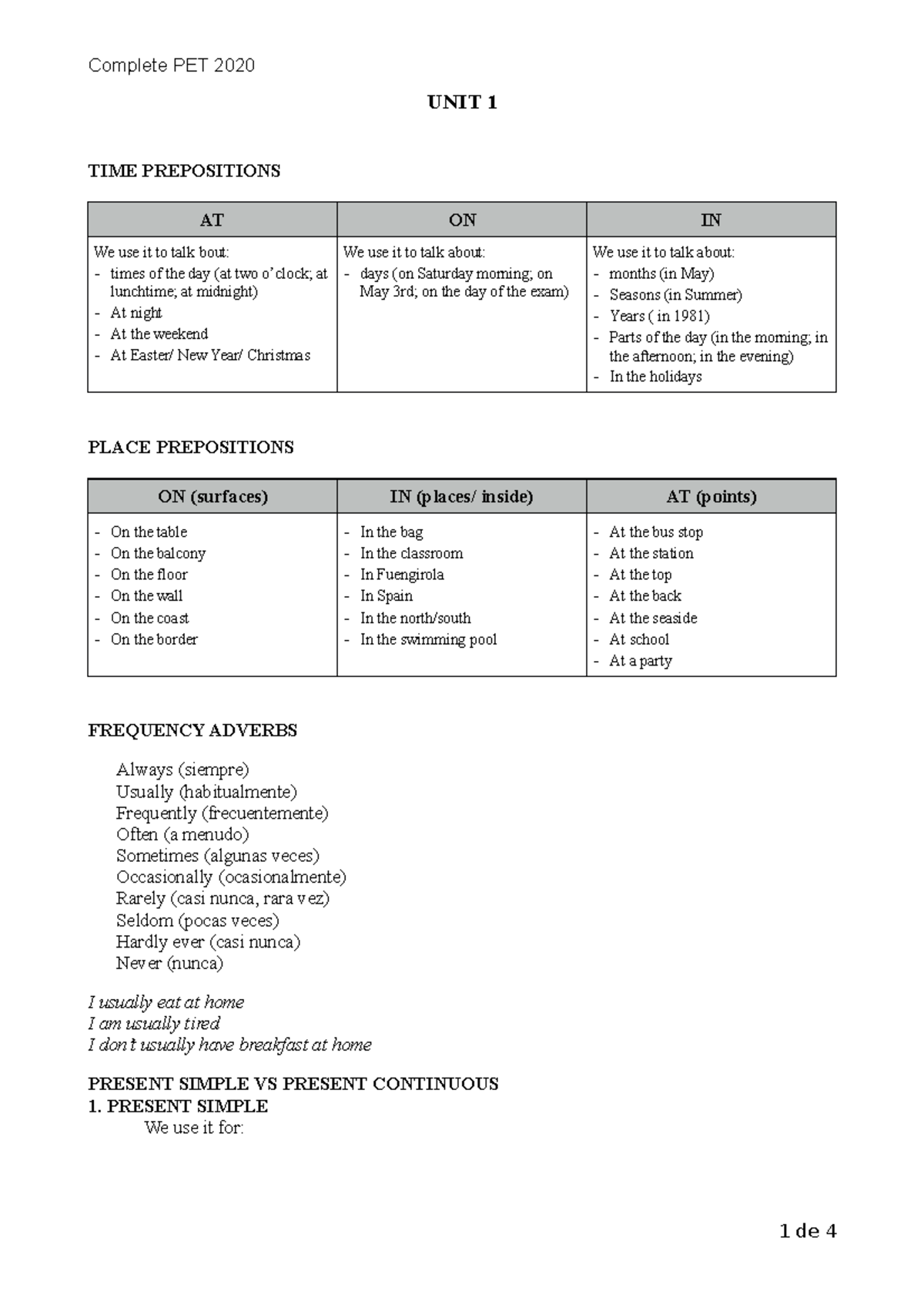 PET 1 - Resumen Unit 1 Complete PET - UNIT 1 TIME PREPOSITIONS AT ON IN ...