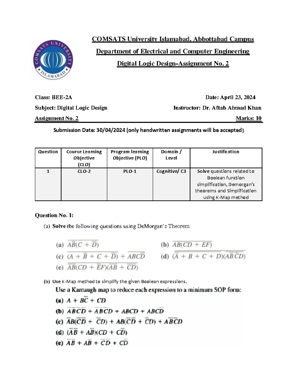 ASSIGNMENT NO 2 - COMSATS University Islamabad, Abbottabad Campus ...