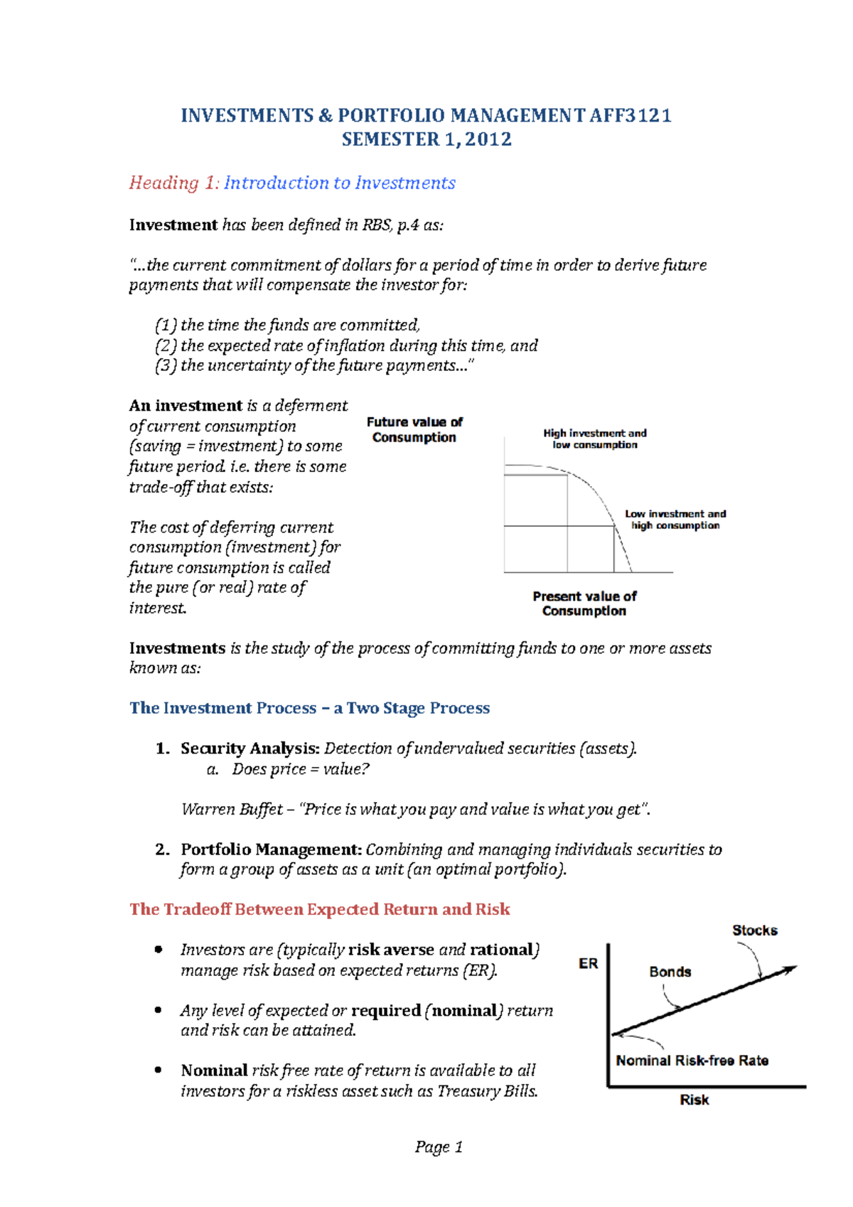 Investments & Portfolio Management - Lecture notes, lectures 1 - 10 ...