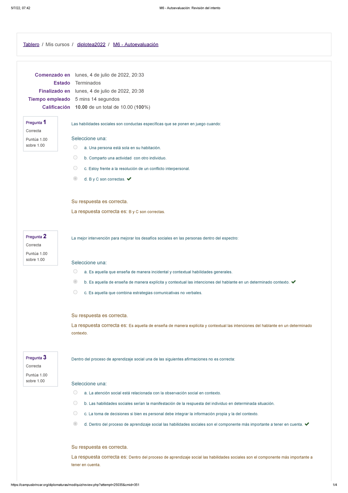 M6 - Autoevaluación Revisión del intento - Tablero / Mis cursos ...