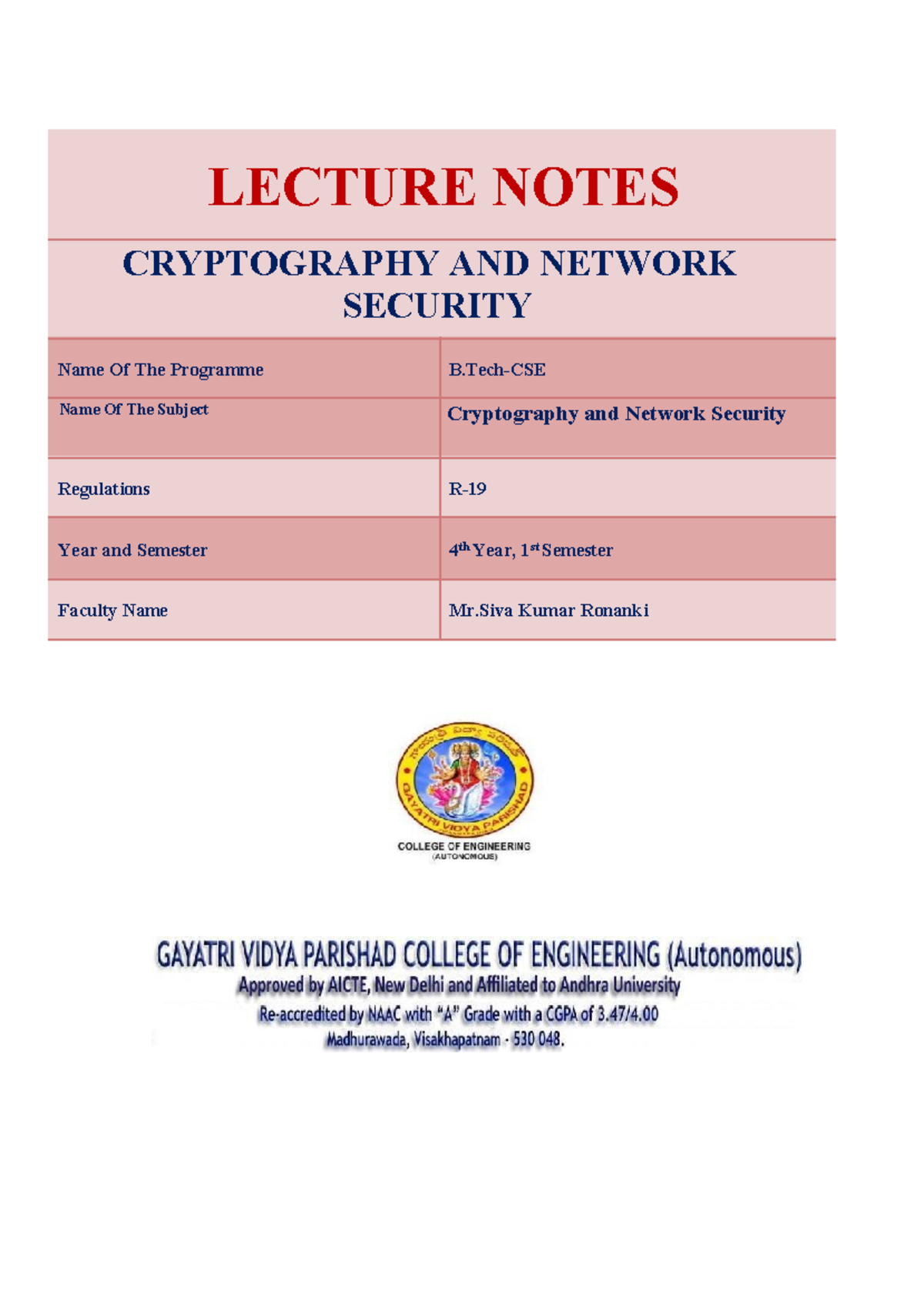 UNIT-1 NSC - LECTURE NOTES CRYPTOGRAPHY AND NETWORK SECURITY Name Of ...