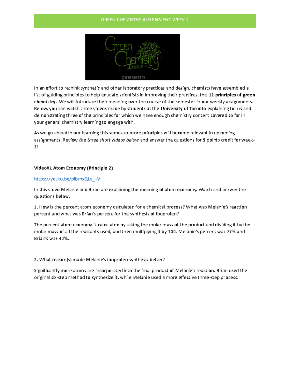 Week-2 Review SOME OF THE Twelve Green CHEM Principles-1 - In an effort ...