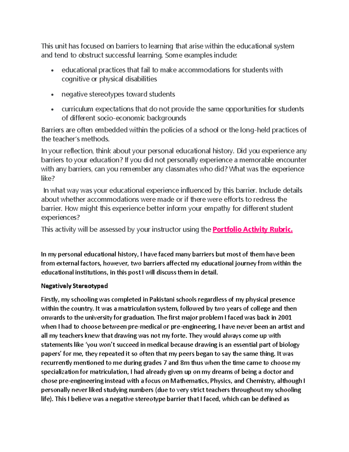 Portfolio Assignment 6 - This unit has focused on barriers to learning ...