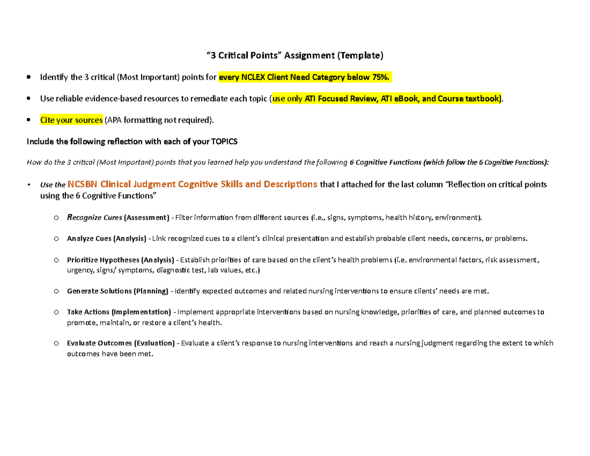“3 Critical Points” Assignment (Template) - “3 Critical Points ...