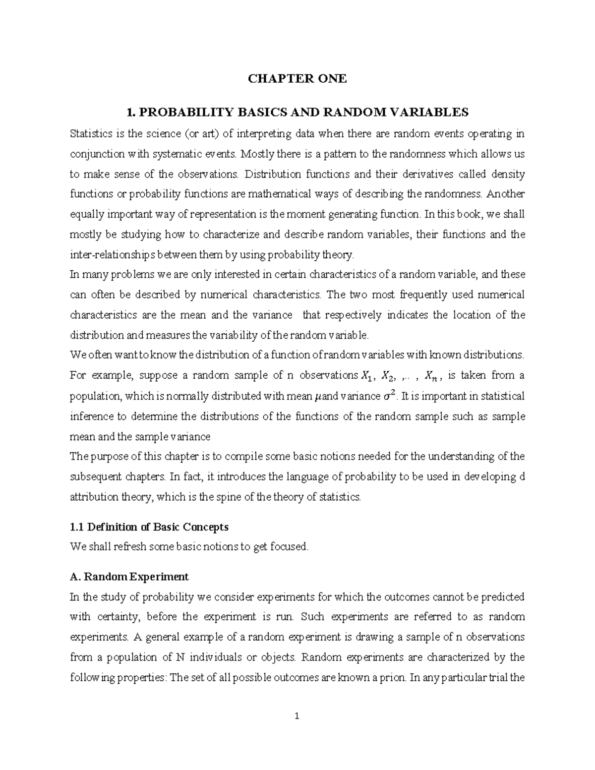 Statistical Theory of Distribution - CHAPTER ONE 1. PROBABILITY BASICS ...