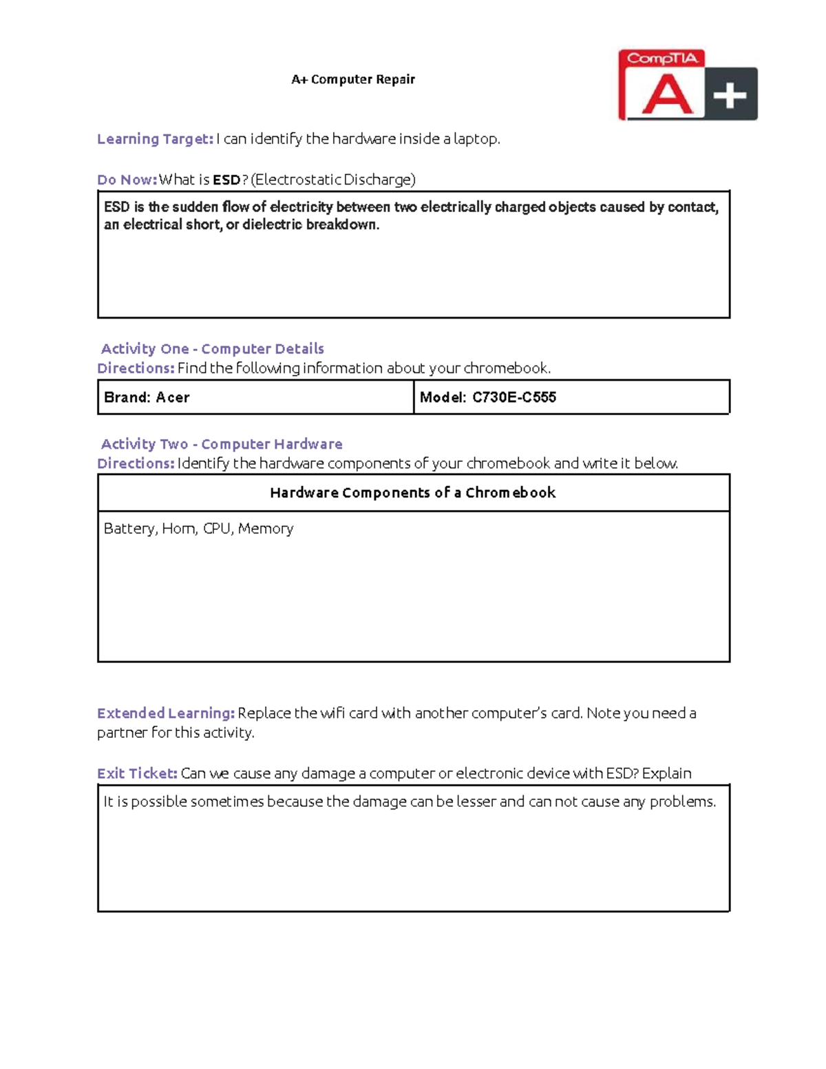 Ricardo Puma - [Template] CR Unit 2 - Lesson 1 Inside a Laptop - A+ ...