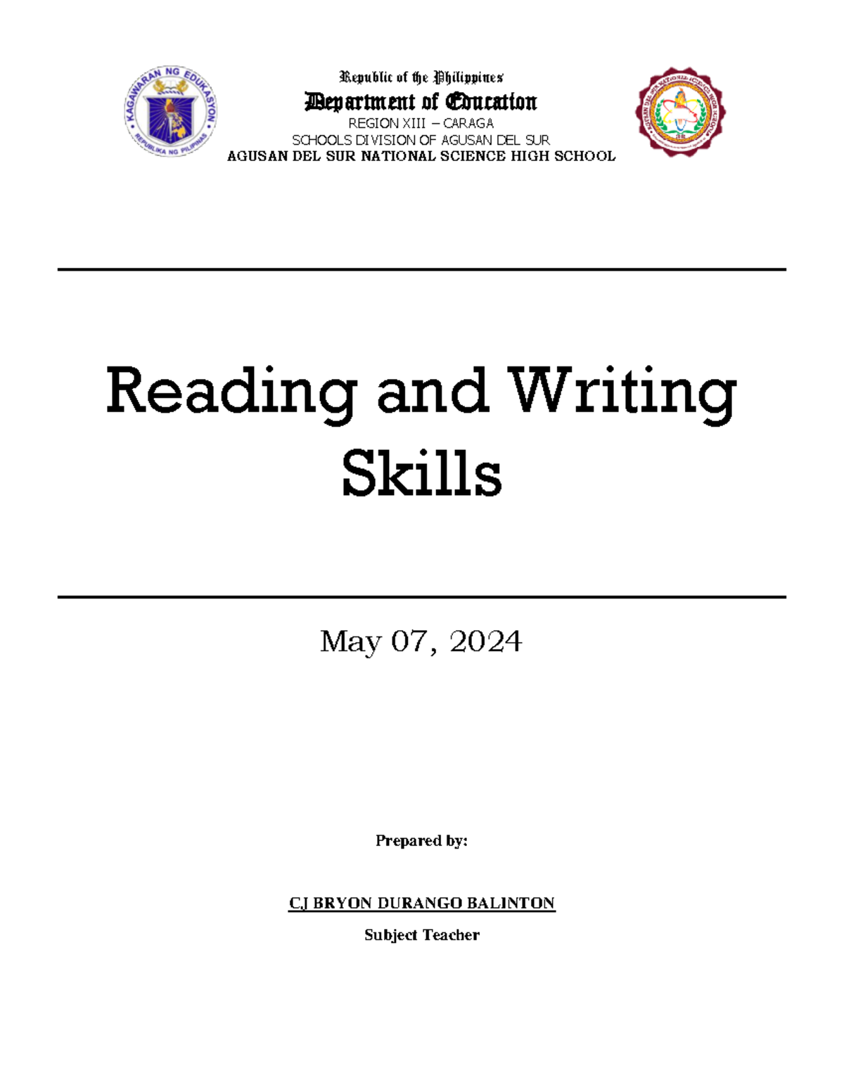 RWS May 07 Asynchronous Class Lesson - Republic of the Philippines ...