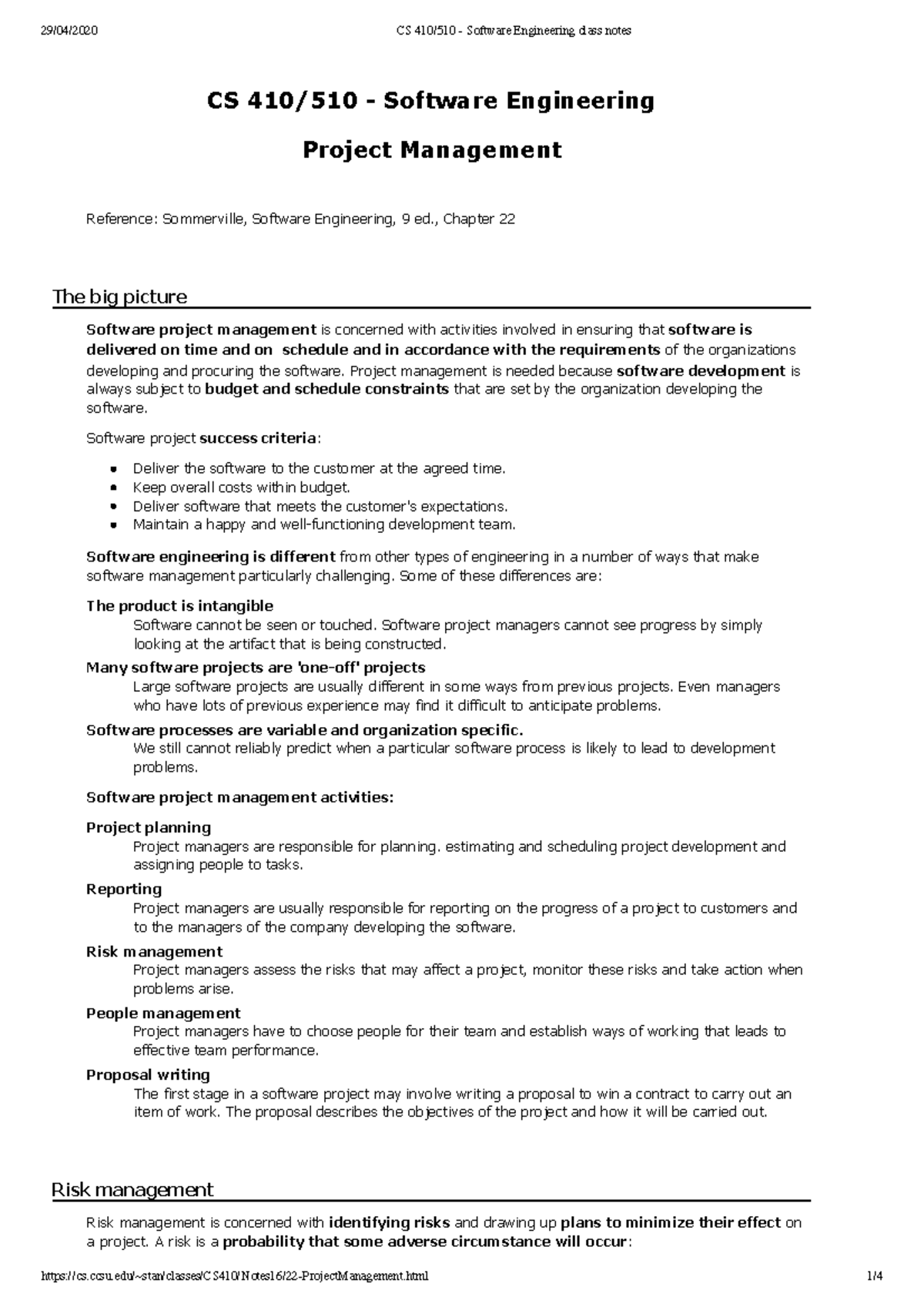 Project Management - gdg - CS 410/510 - Software Engineering Project Management Reference: - Studocu