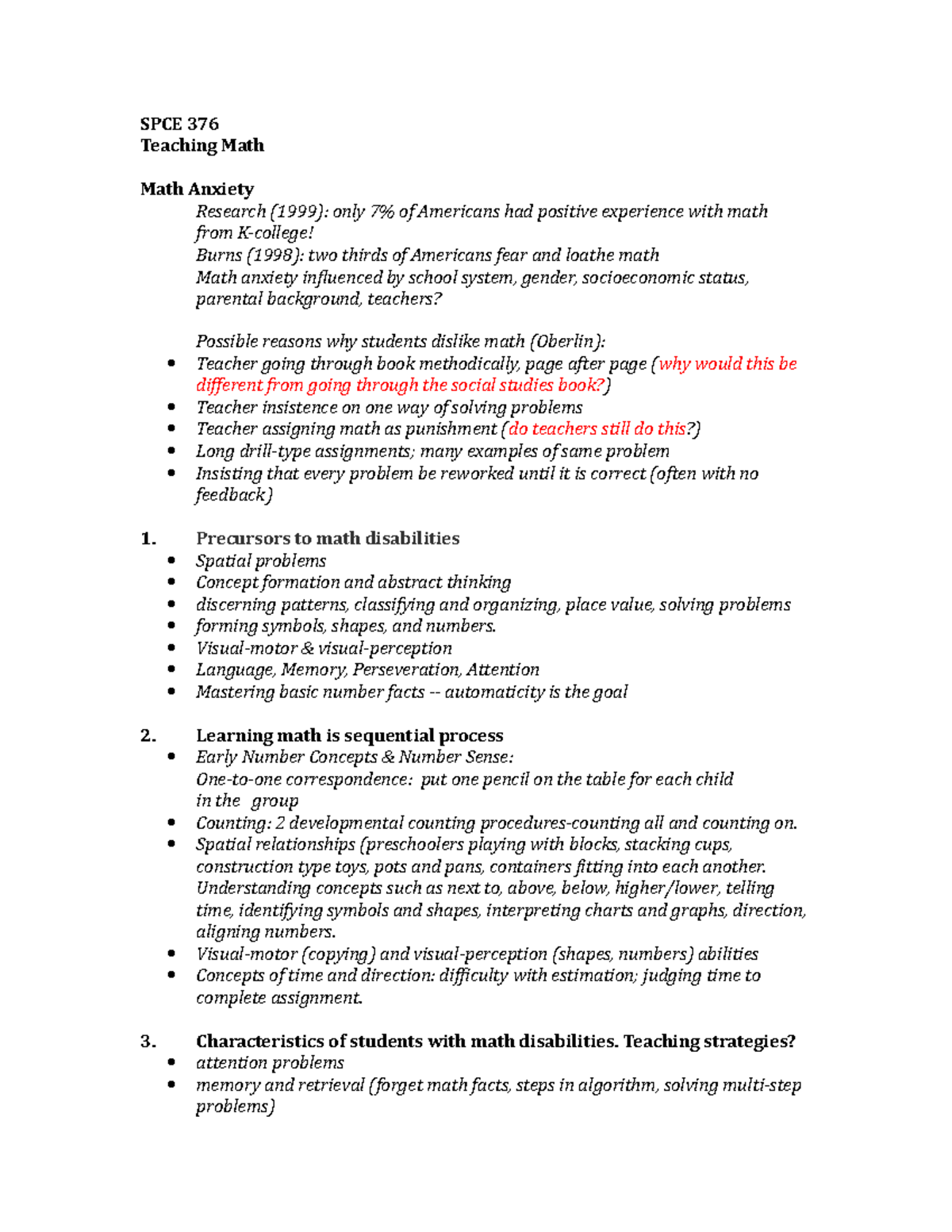 Math Notes - SPCE 376 Teaching Math Math Anxiety Research (1999): only ...