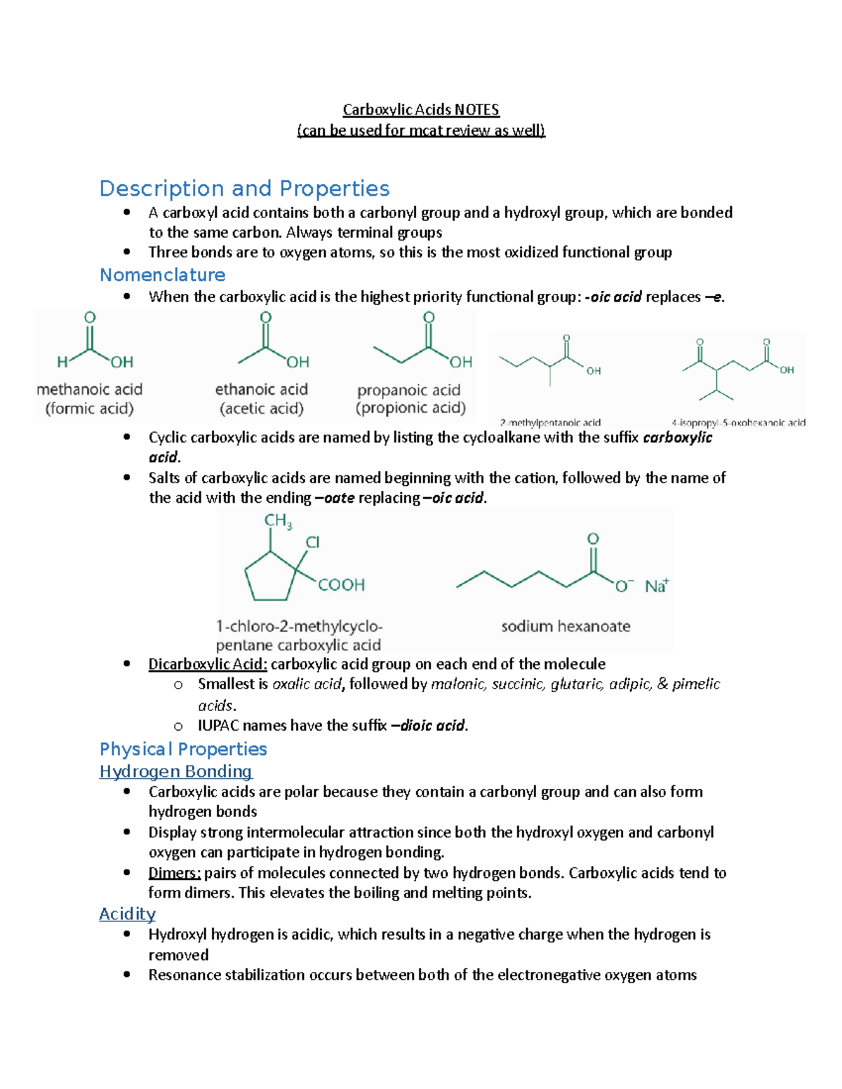 Carboxylic Acids - Lecture detailed notes - Carboxylic Acids NOTES (can ...