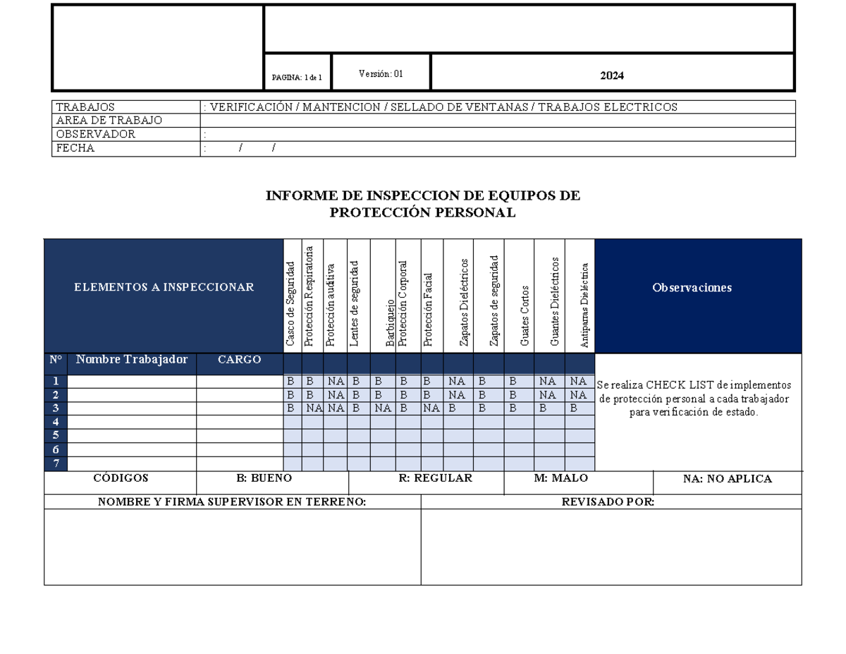 Check-LIST Inspeccion y estado de EPP - PAGINA: 1 de 1 Versión: 01 ...