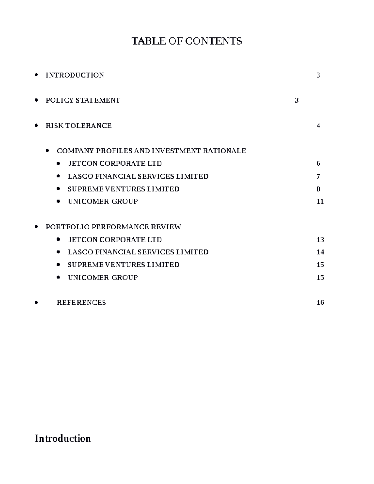 Group Portfolio- Investment Ananlysis - April 30 2017 - TABLE OF ...