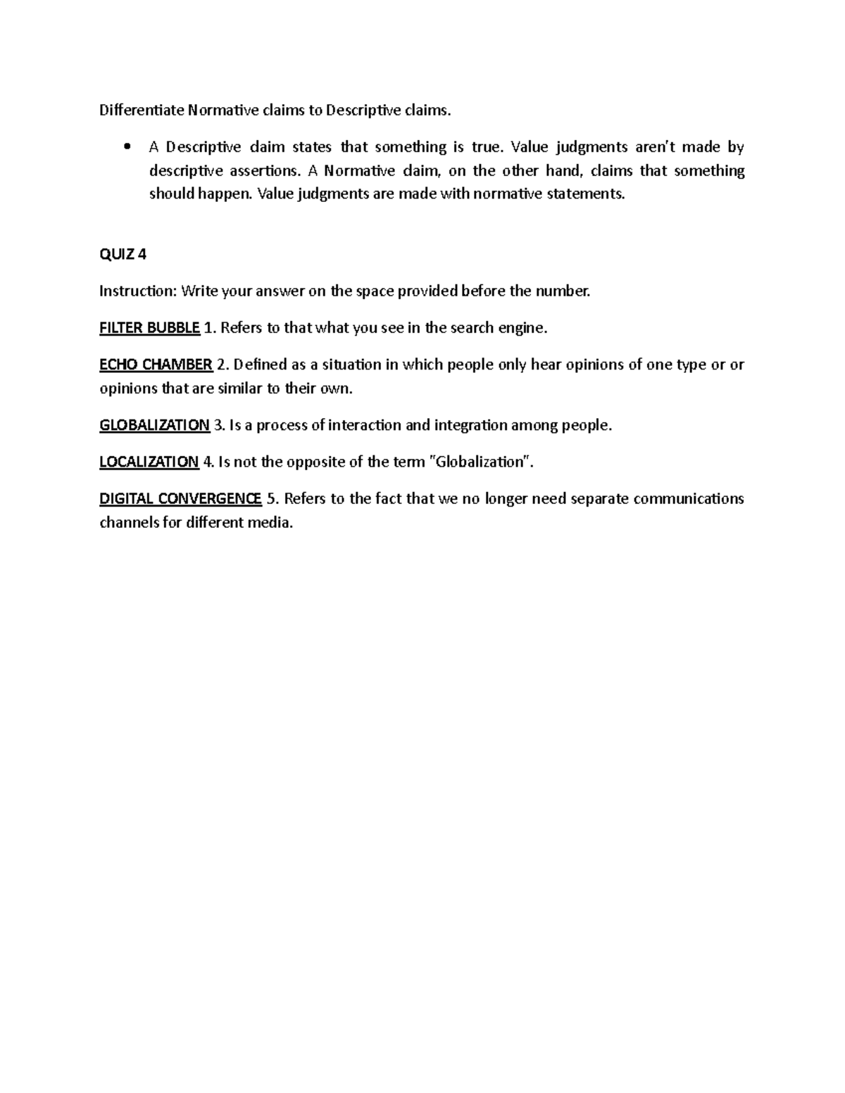 Activity 8 - Differentiate Normative claims to Descriptive claims. A ...