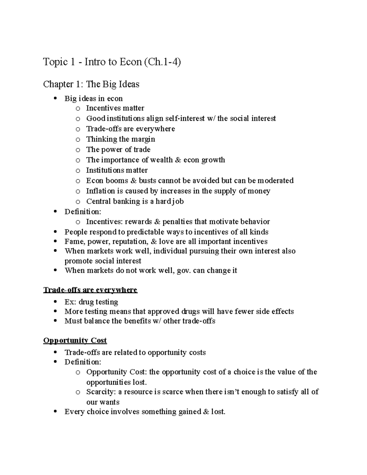 ECON 101 Chapter 1 Notes Topic 1 Intro To Econ Ch 4 Chapter 1