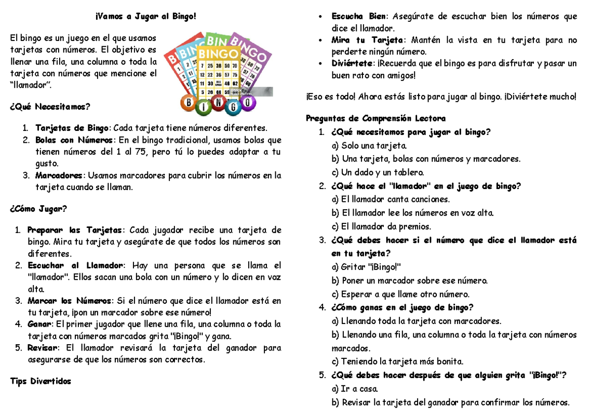 Vamos a Jugar al Bingo - texto instructivo - ¡Vamos a Jugar al Bingo ...
