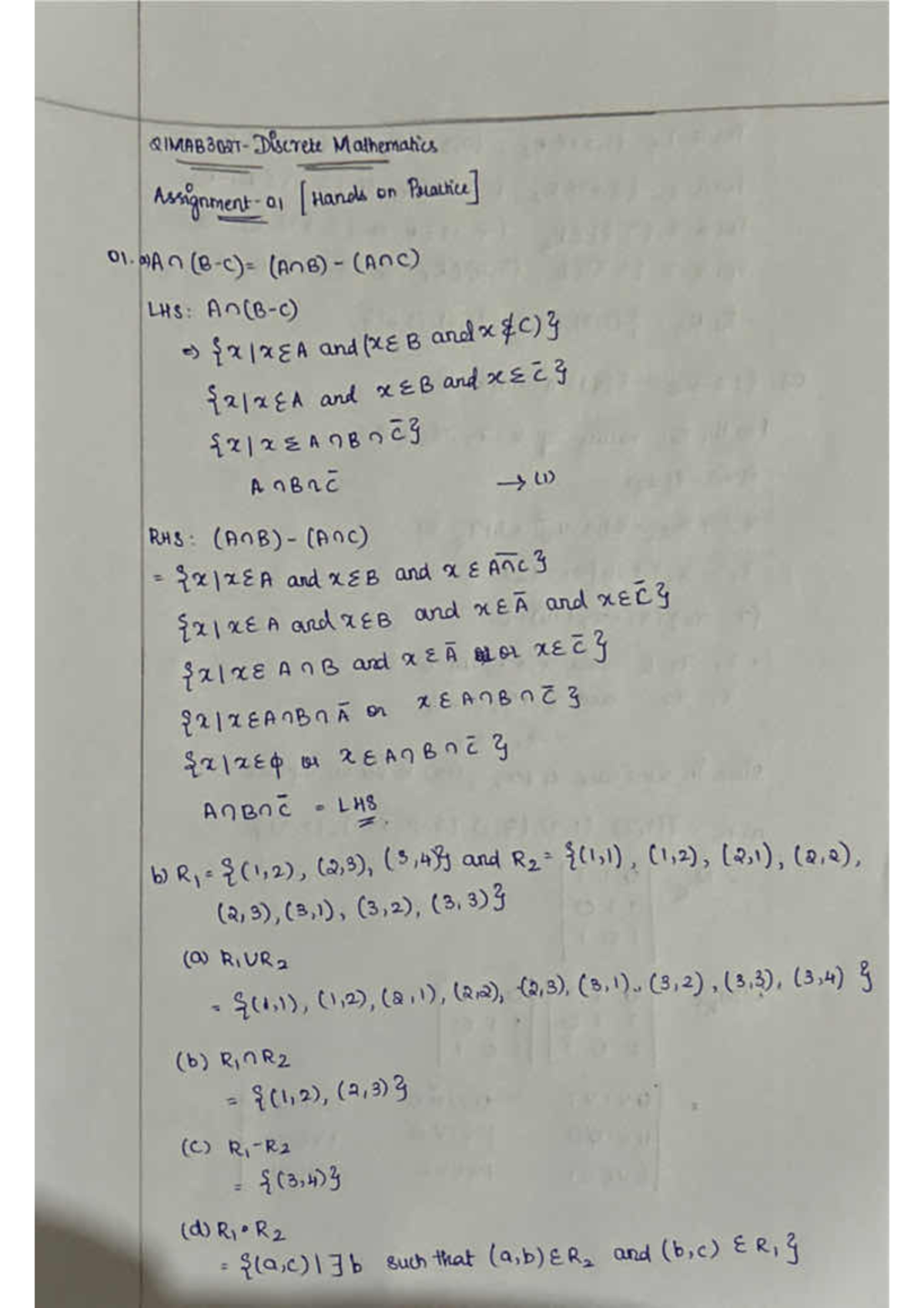 Discreete maths assignment - Discrete Mathematics Hands on 01. An (AnB) (Anc) LHS: and (XEB and ...
