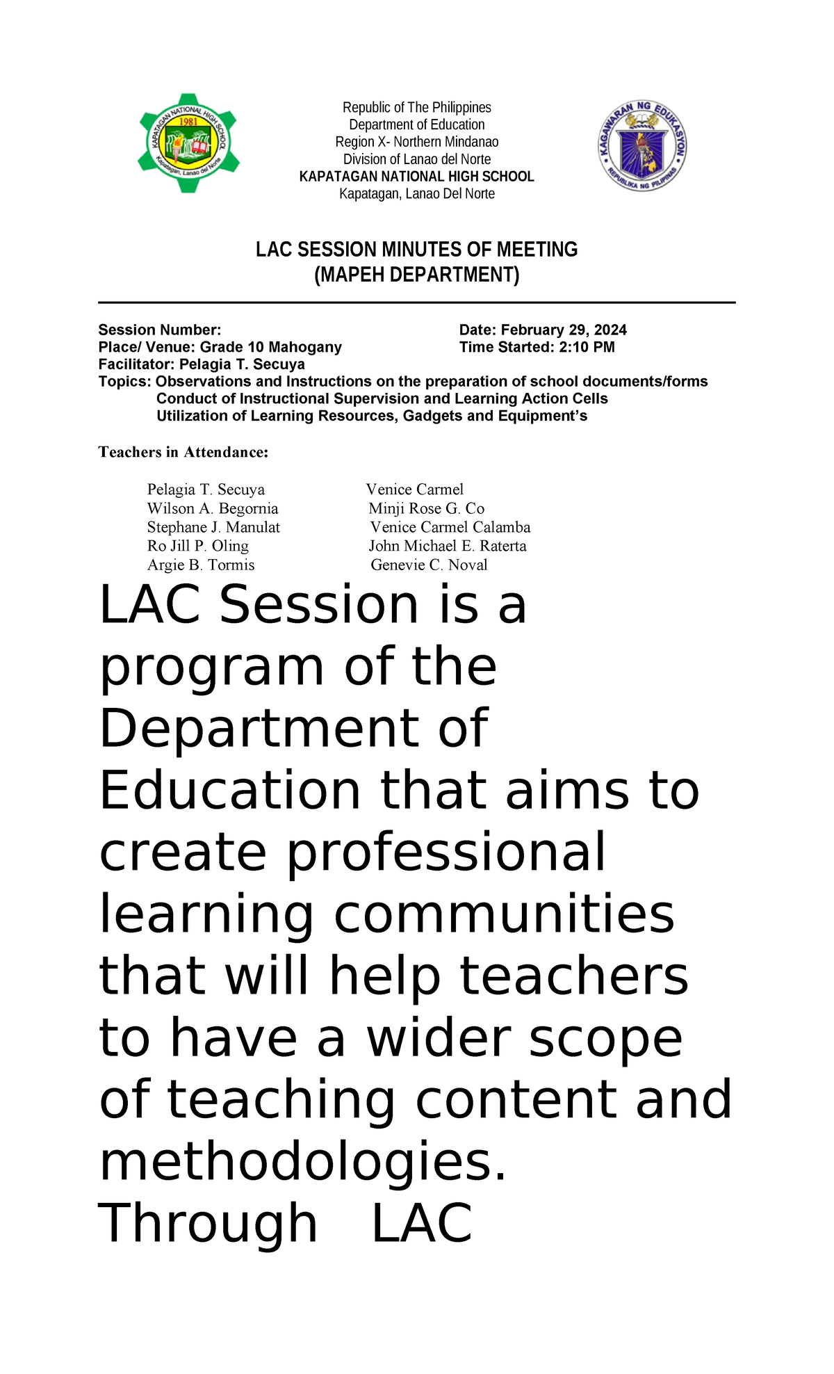 LAC Minutes Mapeh - Republic of The Philippines Department of Education ...