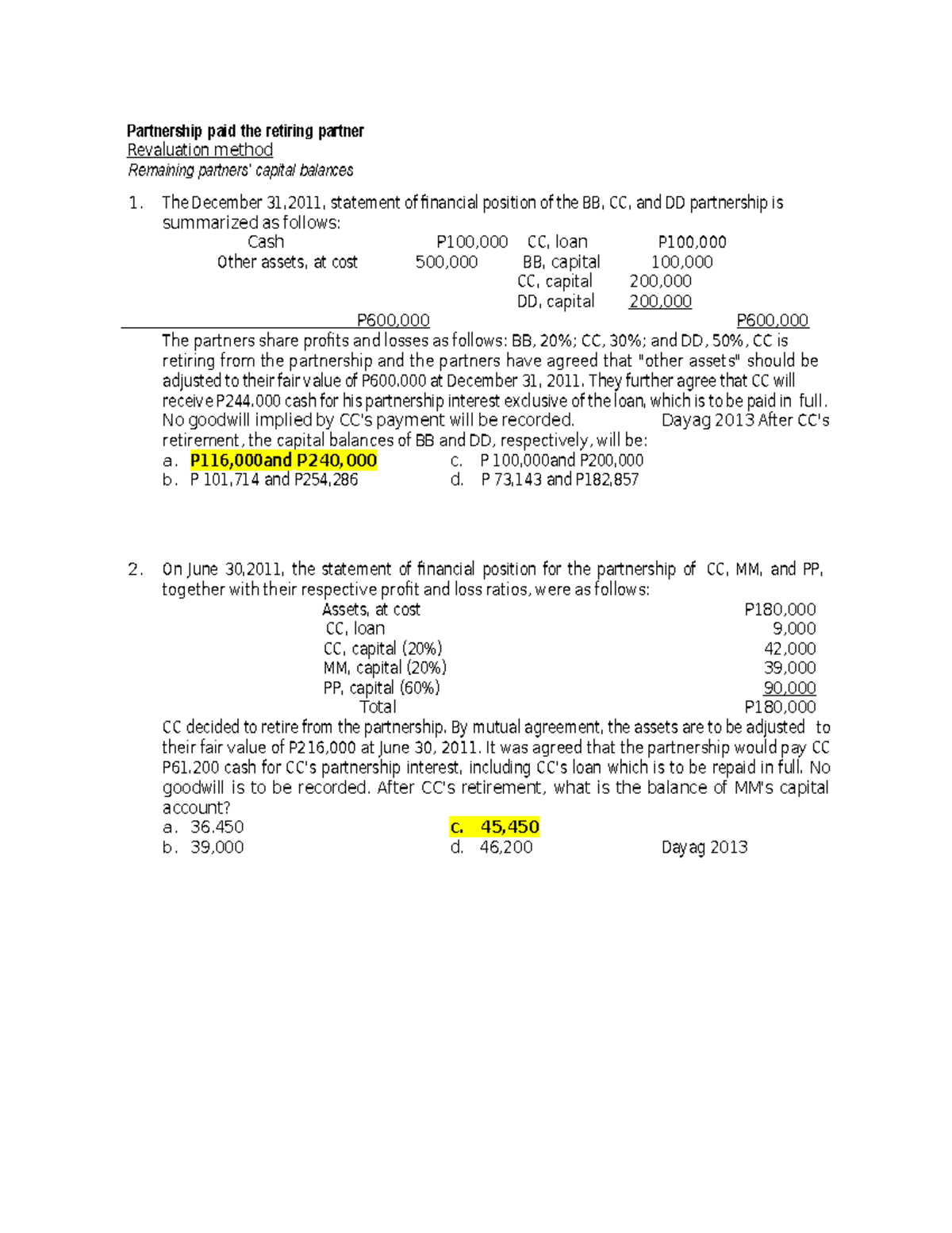 Partnership Liquidation AFAR - Partnership paid the retiring partner ...