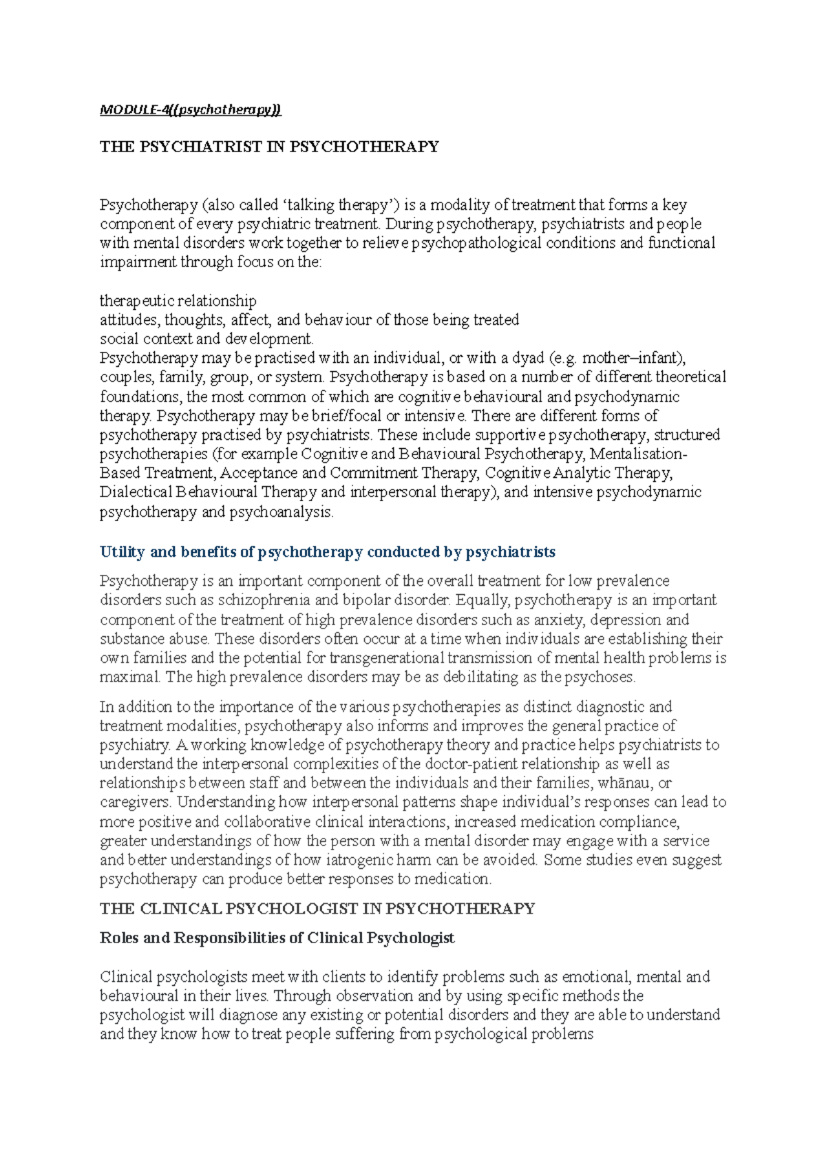 Module-4(psychotherapy) - MODULE-4((psychotherapy)) THE PSYCHIATRIST IN ...