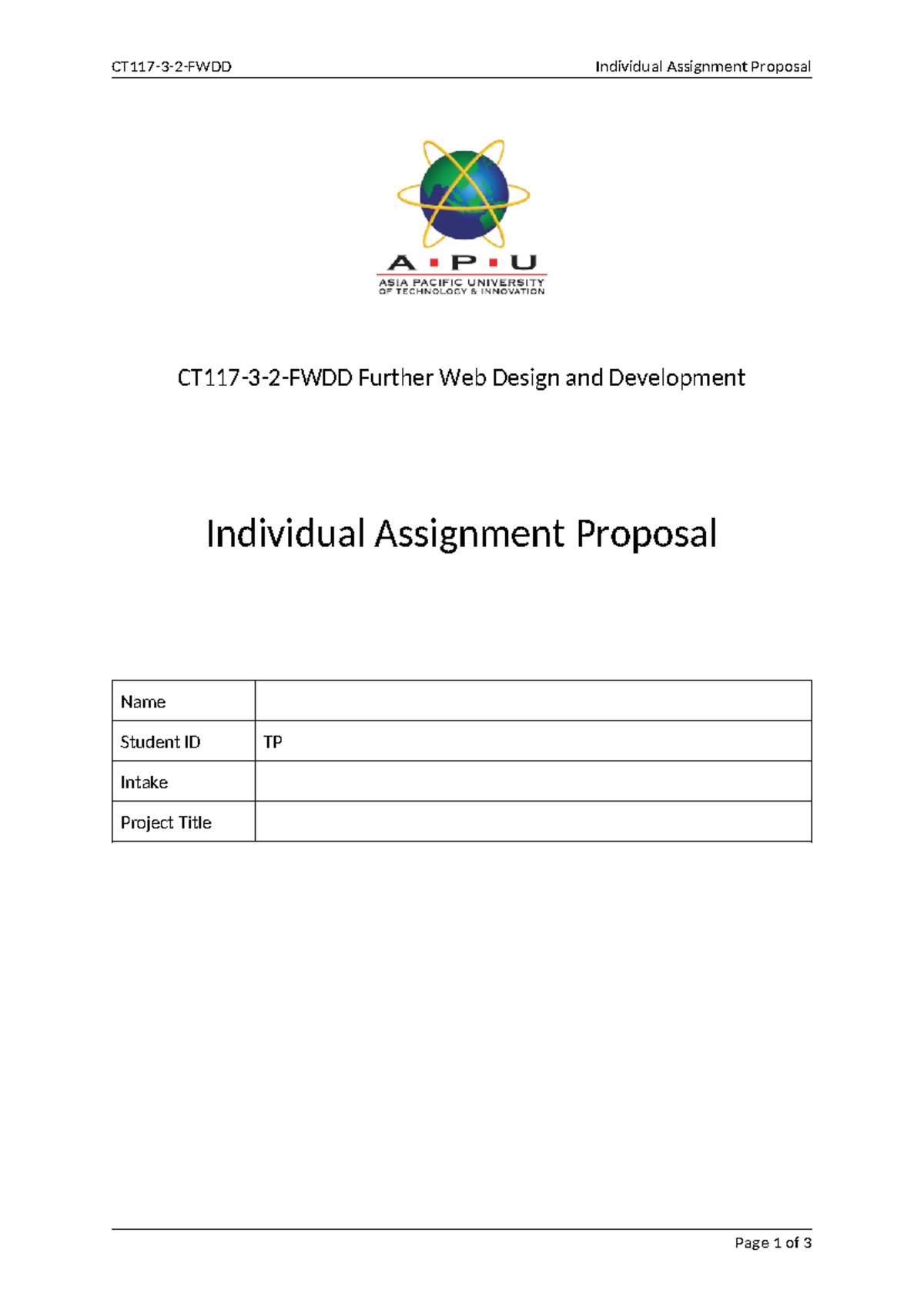 FWDD - Individual Assignment Proposal Template - CT117-3-2-FWDD ...