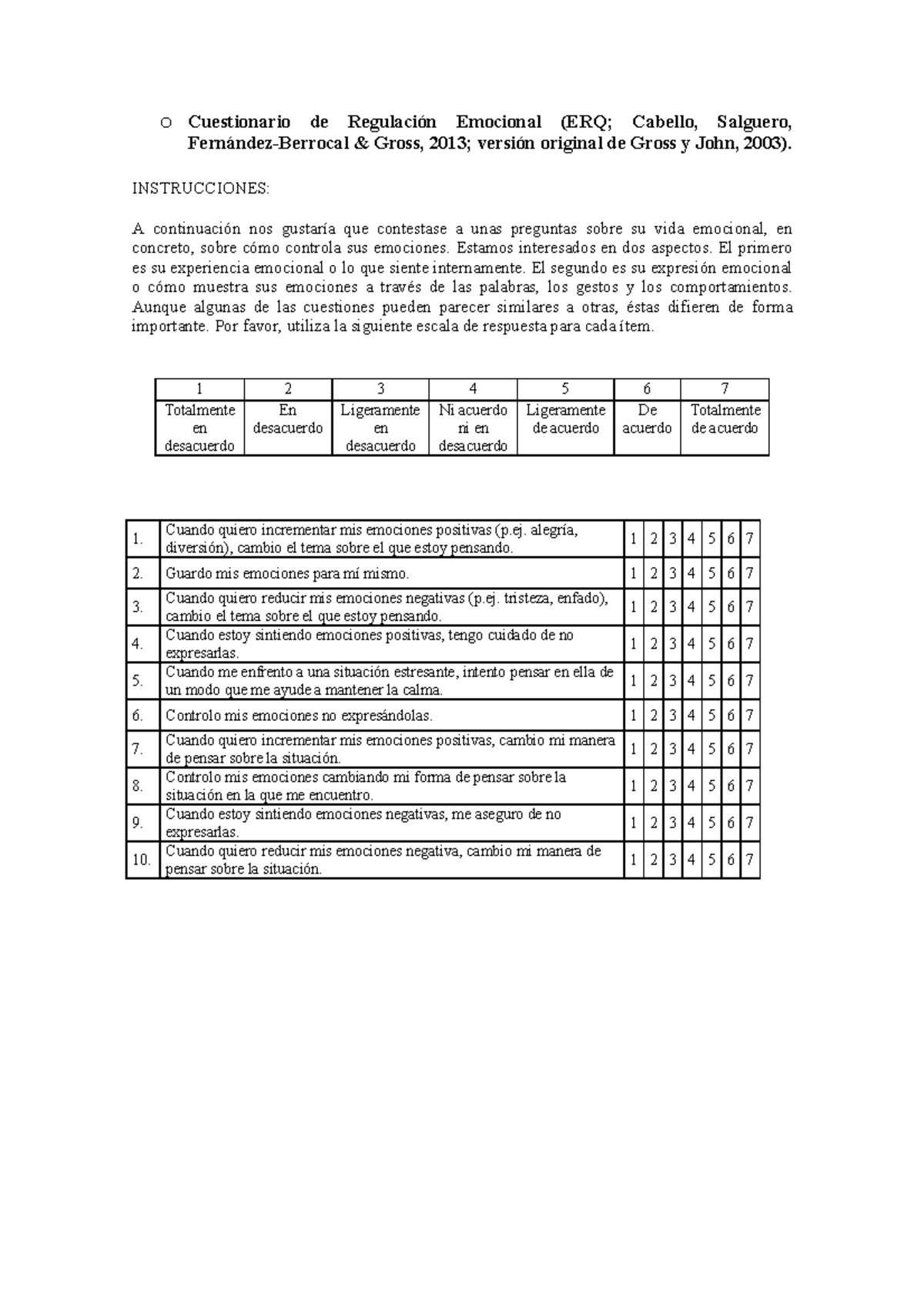 ERQcastellano - ERQ - o Cuestionario de Regulación Emocional (ERQ ...