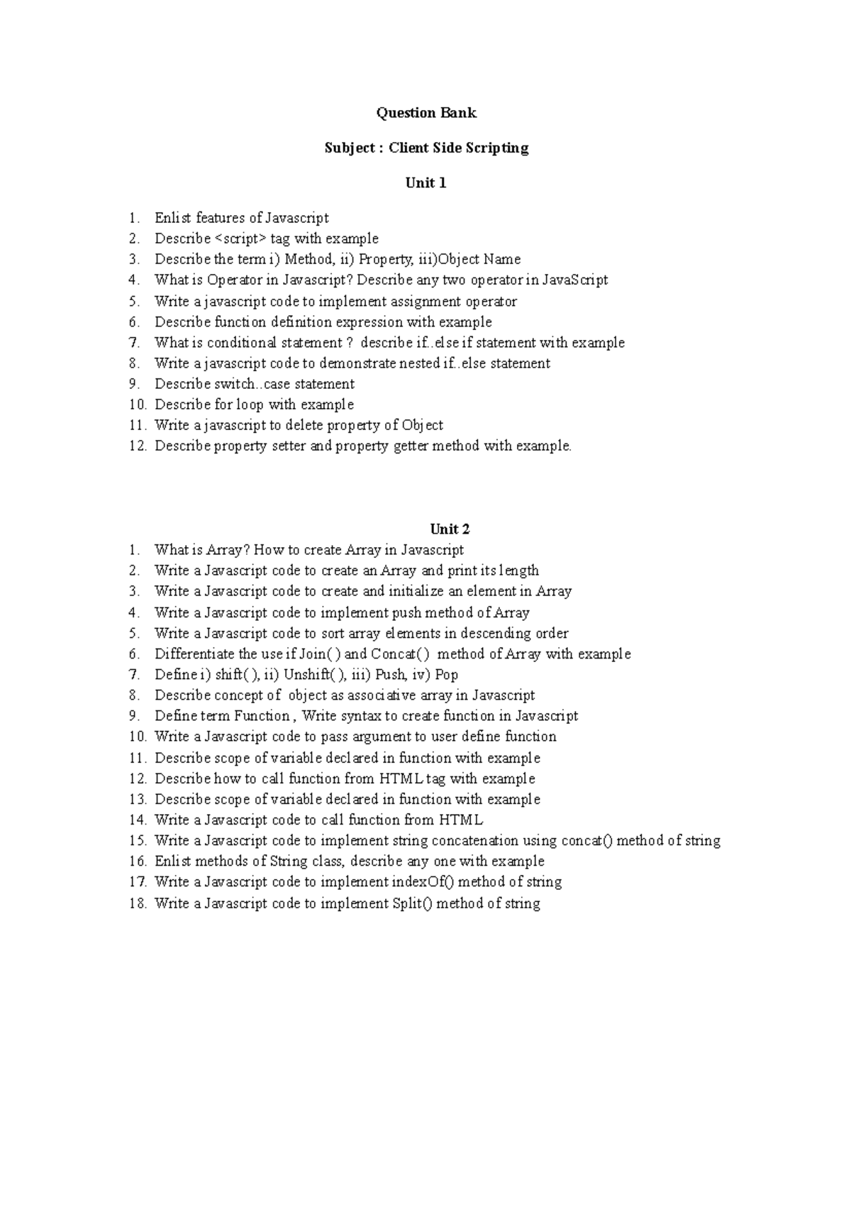 Cssqs - Description - Question Bank Subject : Client Side Scripting Unit 1 Enlist features of ...