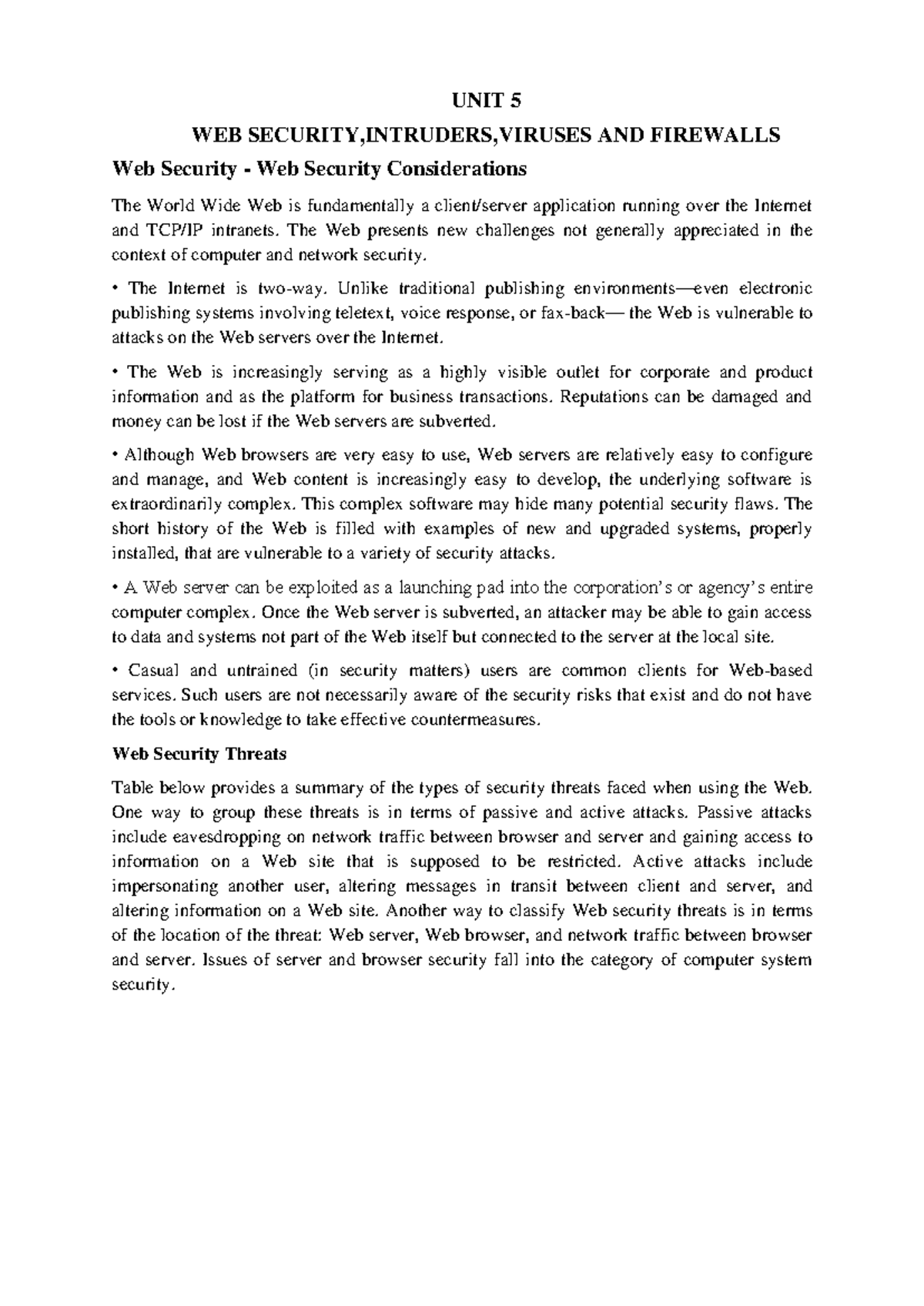 CNS UNIT 5 - Nothing - UNIT 5 WEB SECURITY,INTRUDERS,VIRUSES AND FIREWALLS Web Security - Web ...