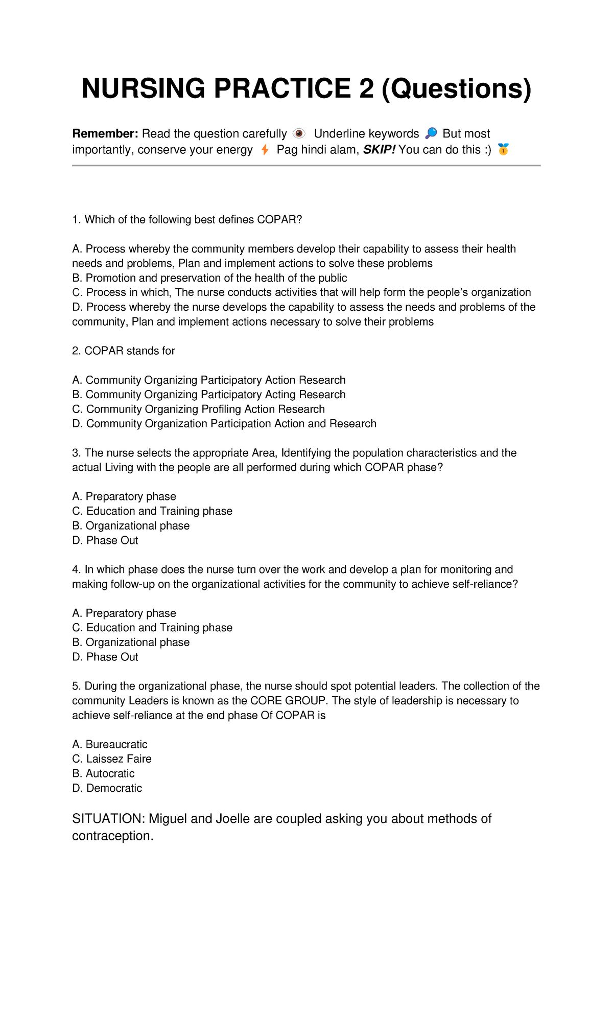 NP2 - Practice question - NURSING PRACTICE 2 (Questions) Remember: Read ...