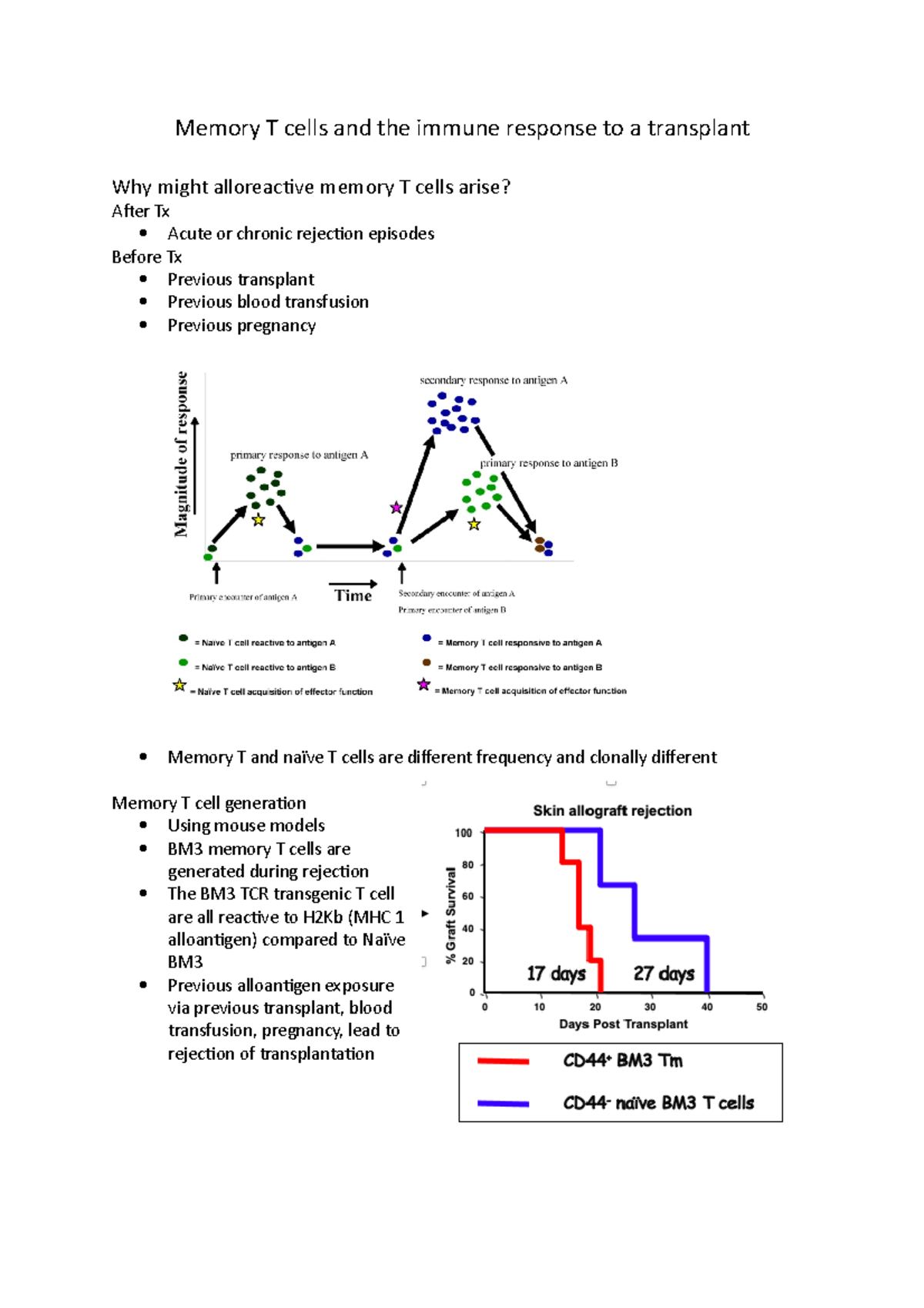 Memory T cells and the immune response to a transplant - Studocu