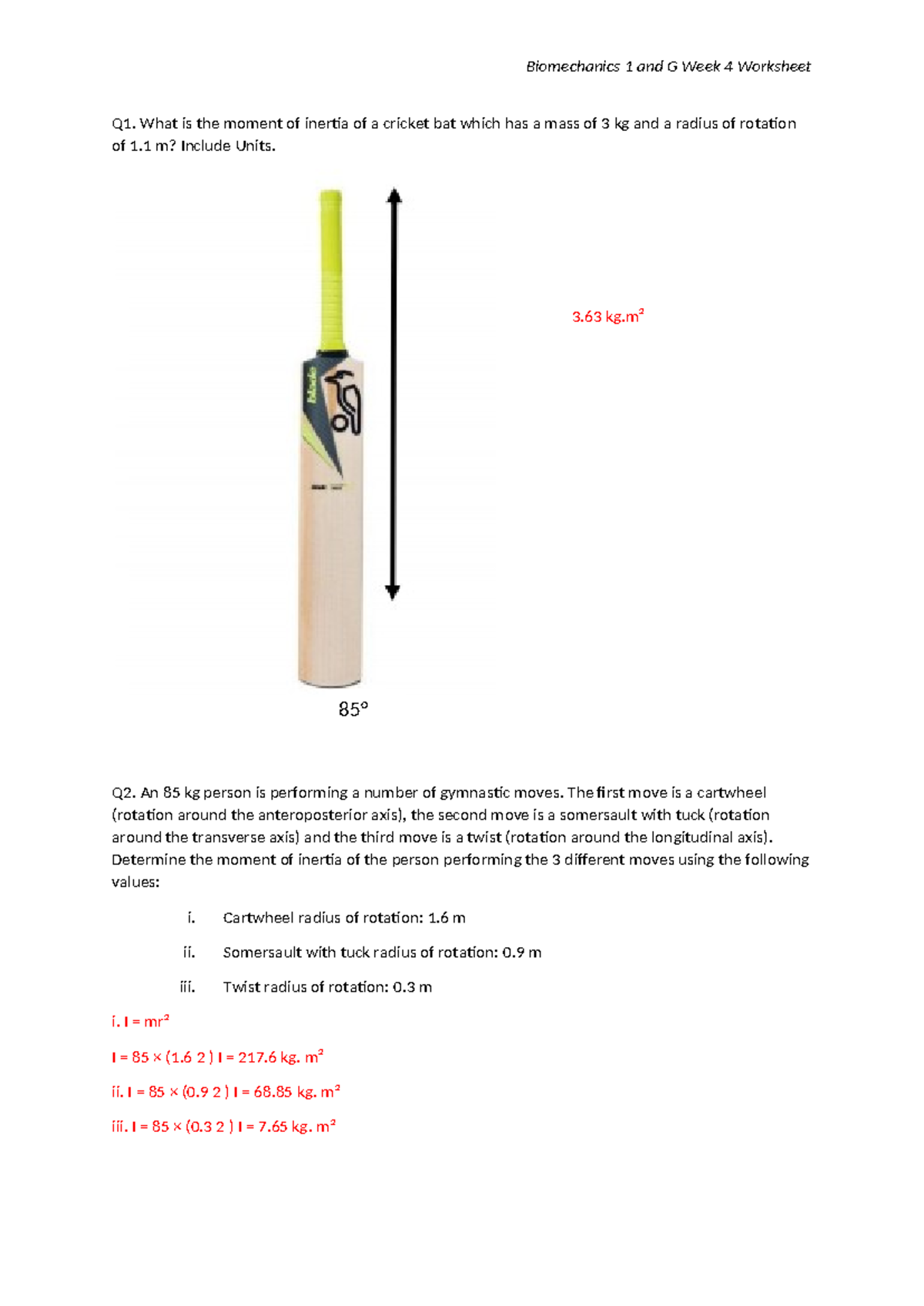 Student Worksheet Week 4 Answers - Biomechanics 1 and G Week 4 ...