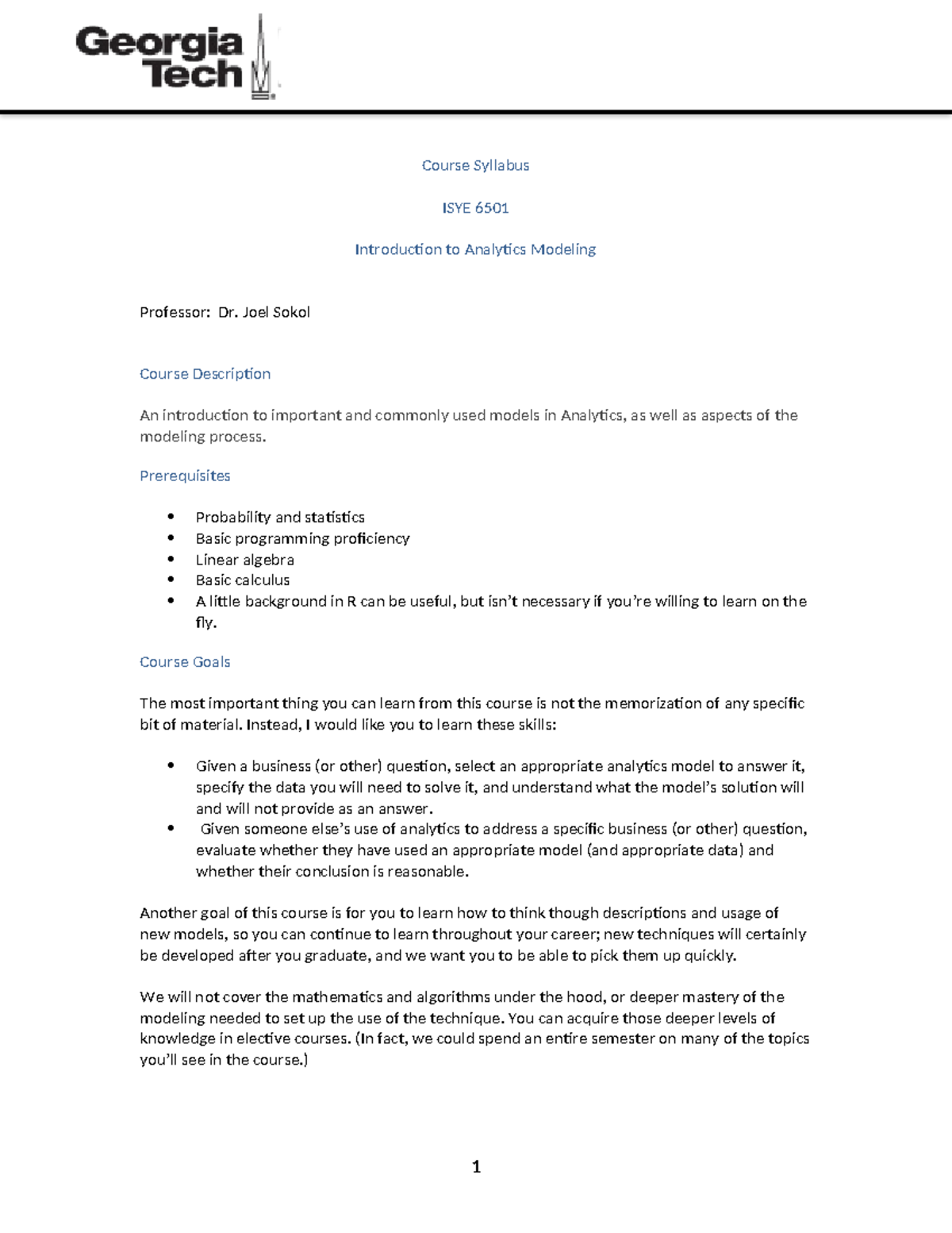 OMSA ISYE6501Syllabus-combined-Spring 2024 - Course Syllabus ISYE 6501 Introduction to Analytics ...