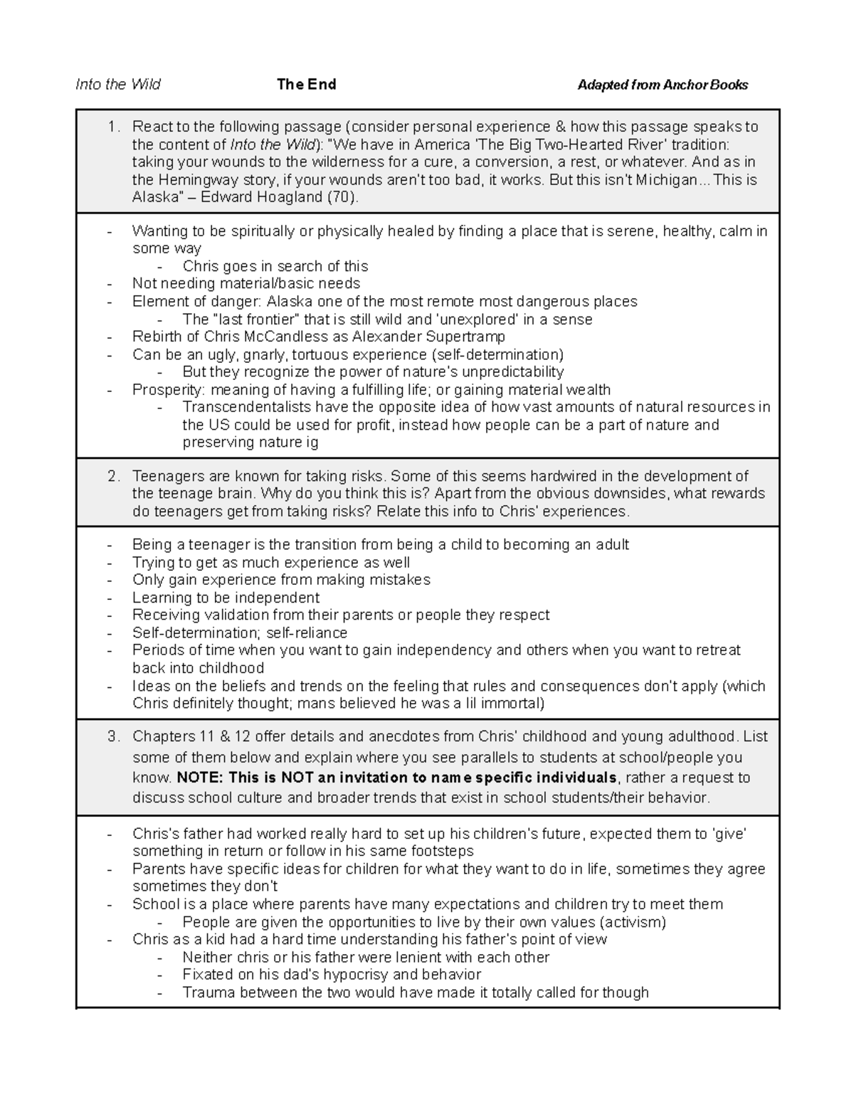 Into the Wild The End Questions - Into the Wild The End Adapted from ...