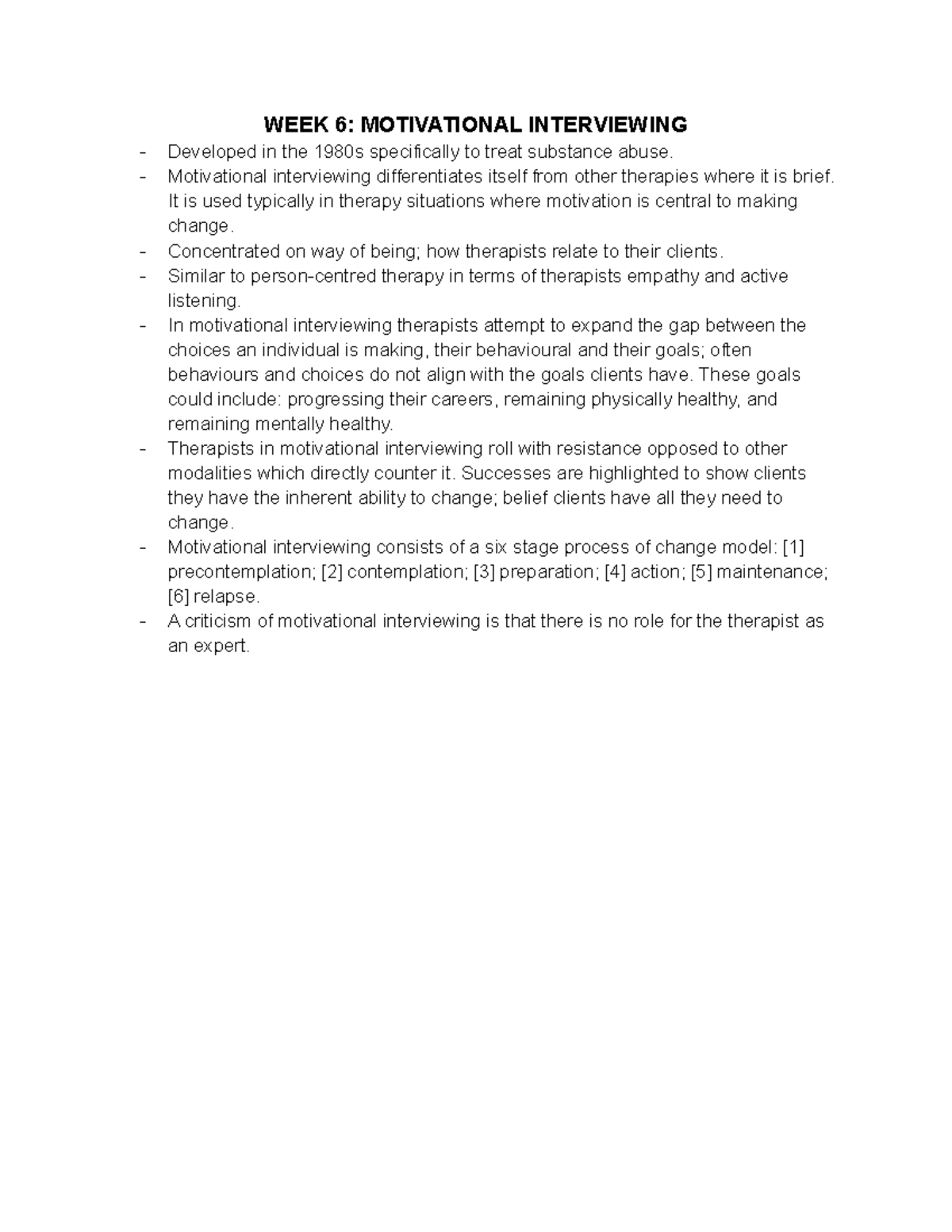 COU265 WEEK 6 Motivational Interviewing Notes - WEEK 6: MOTIVATIONAL ...