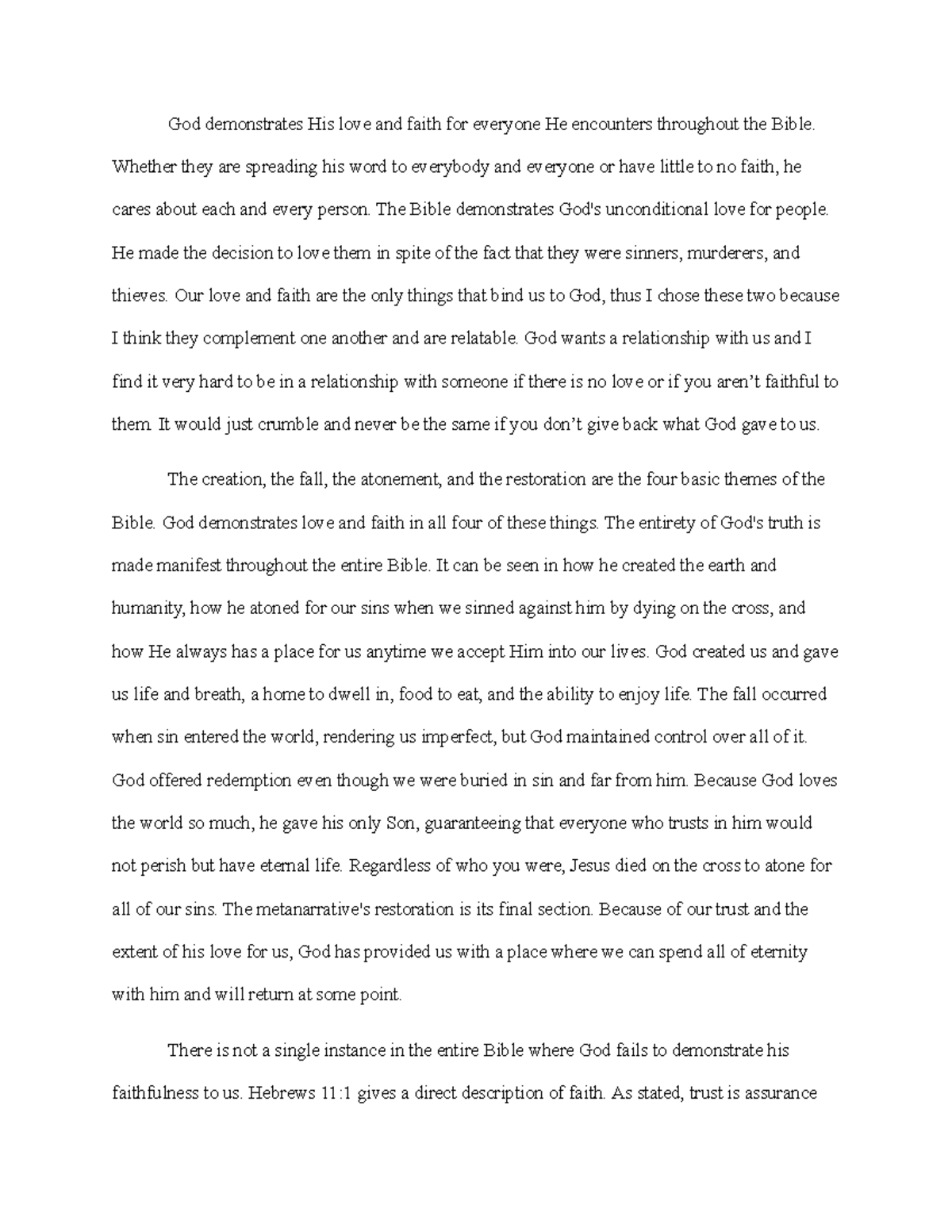 Biblical Metanarrative Essay Assignment - God demonstrates His love and ...
