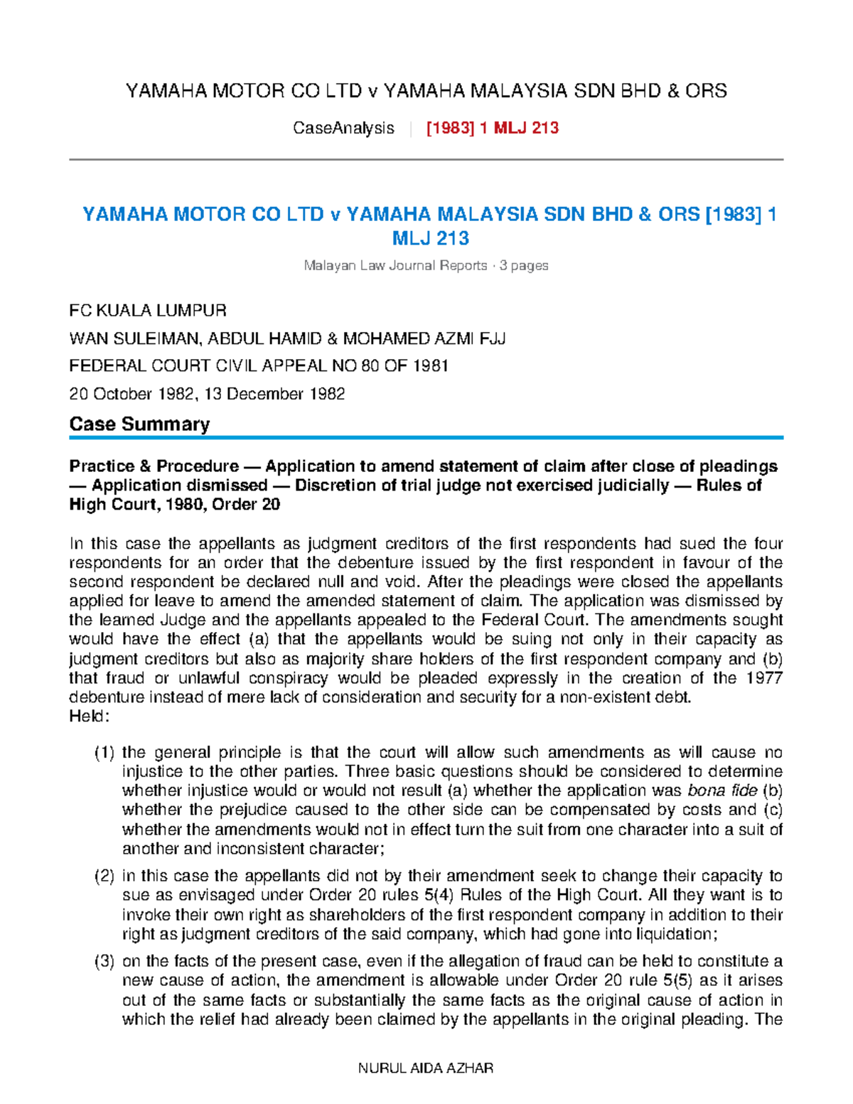 Yamaha Motor CO - NURUL AIDA AZHAR YAMAHA MOTOR CO LTD v YAMAHA ...