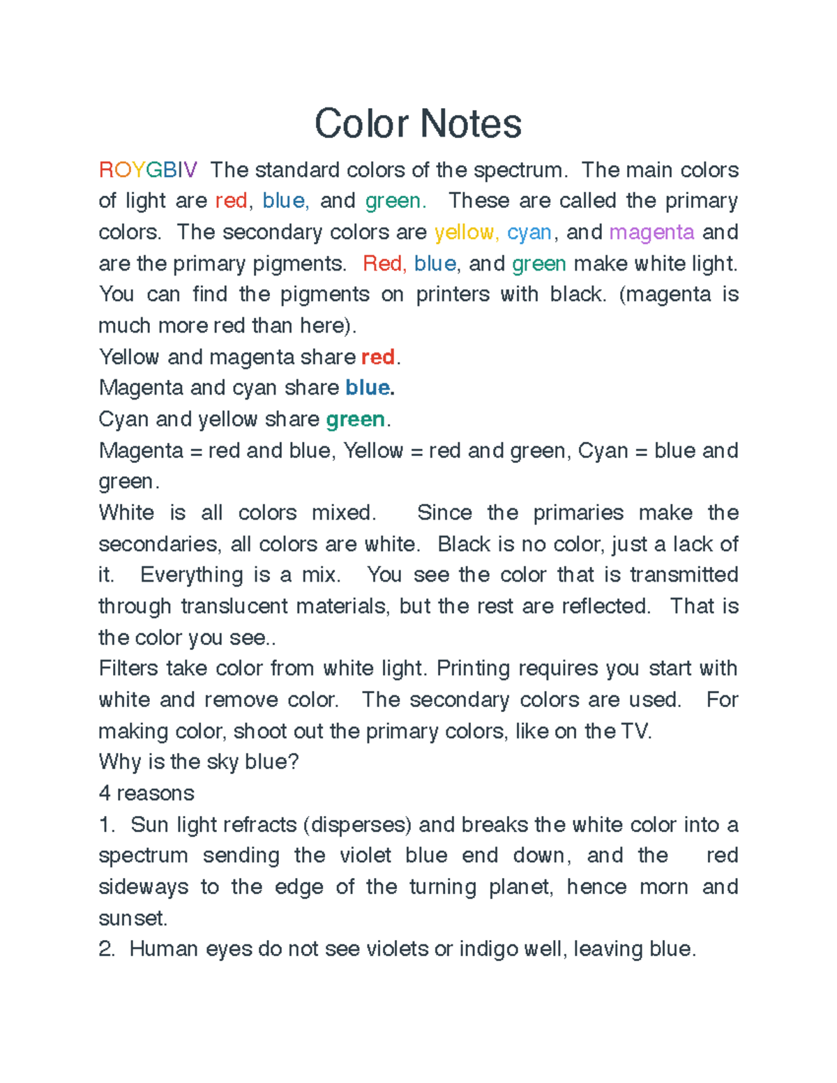 Color Notes - Color Notes ROYGBIV The standard colors of the spectrum ...
